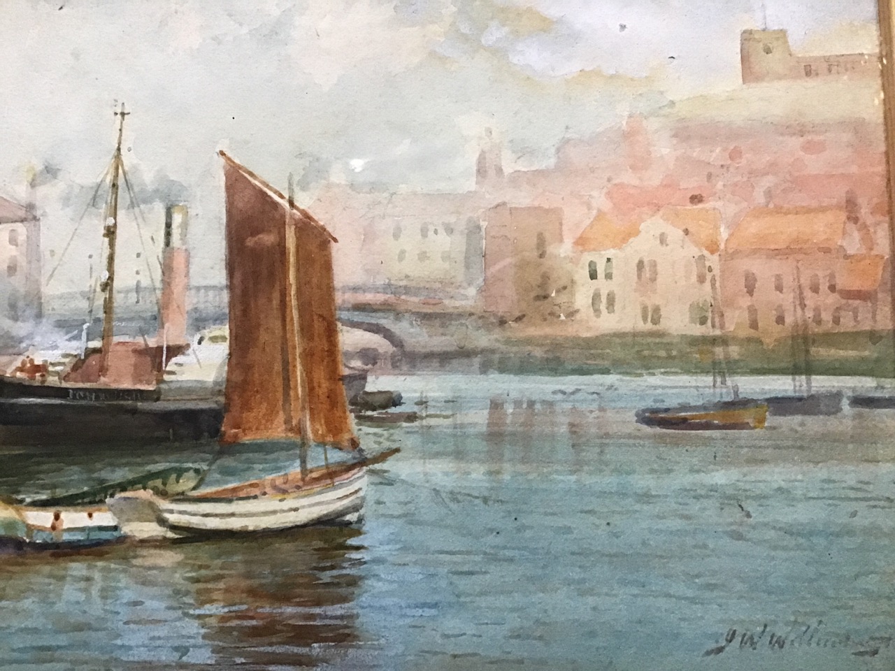John Wyne Williams, watercolour, Whitby harbour scene with boats and ...