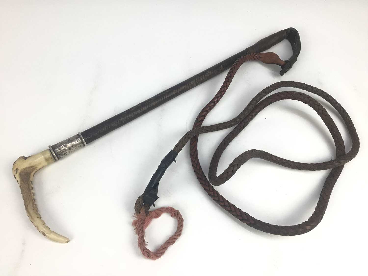 Swaine Adeney silver mounted hunting whip with leather shaft and lash ...