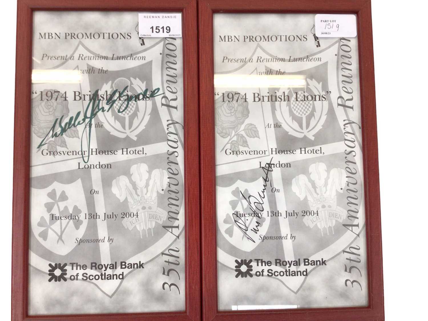 Collection of signed dinner menus British Lions Willie John McBride ...