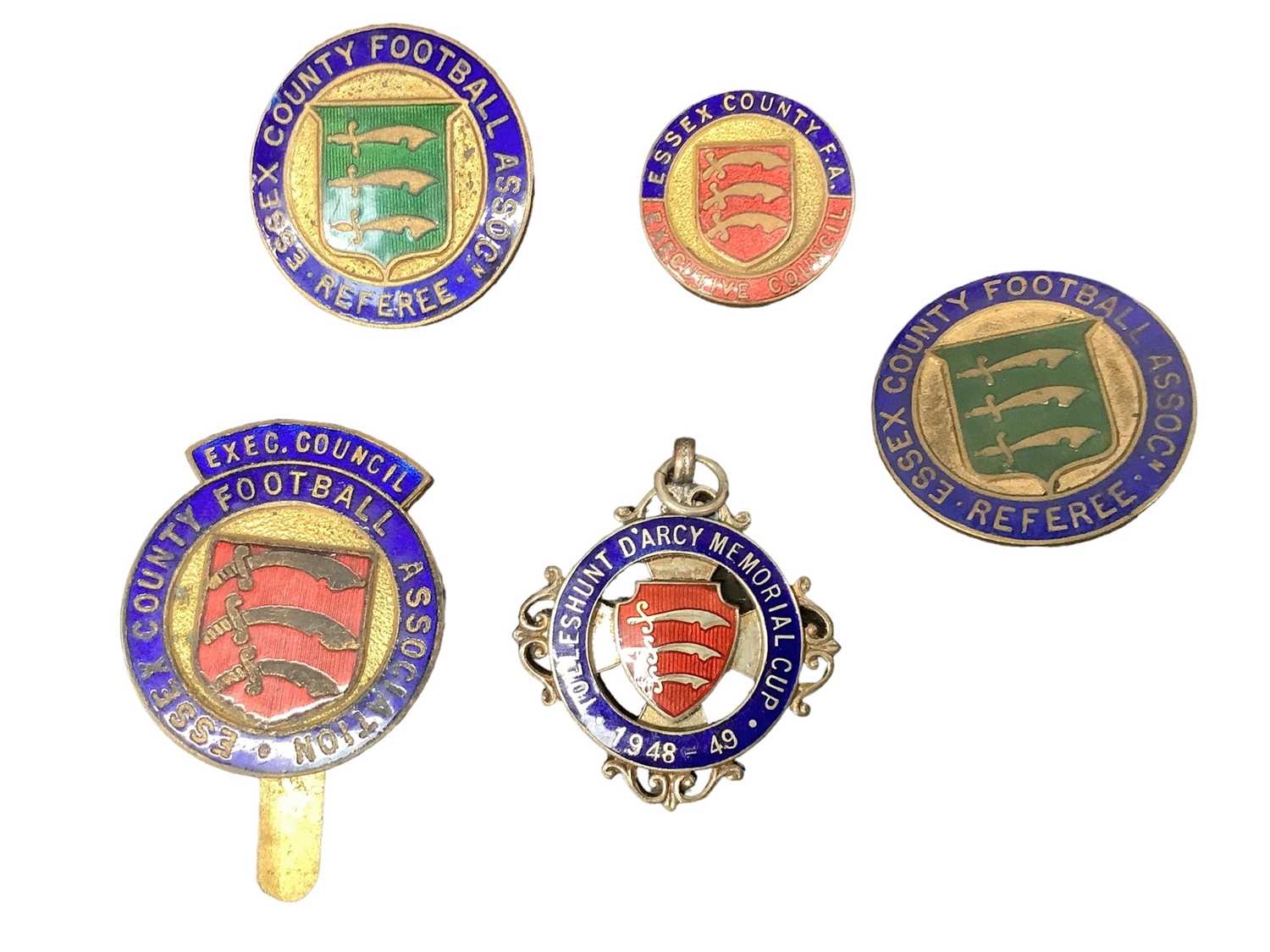 Group of five 1940s and 1950s enamel football badges, including one for ...