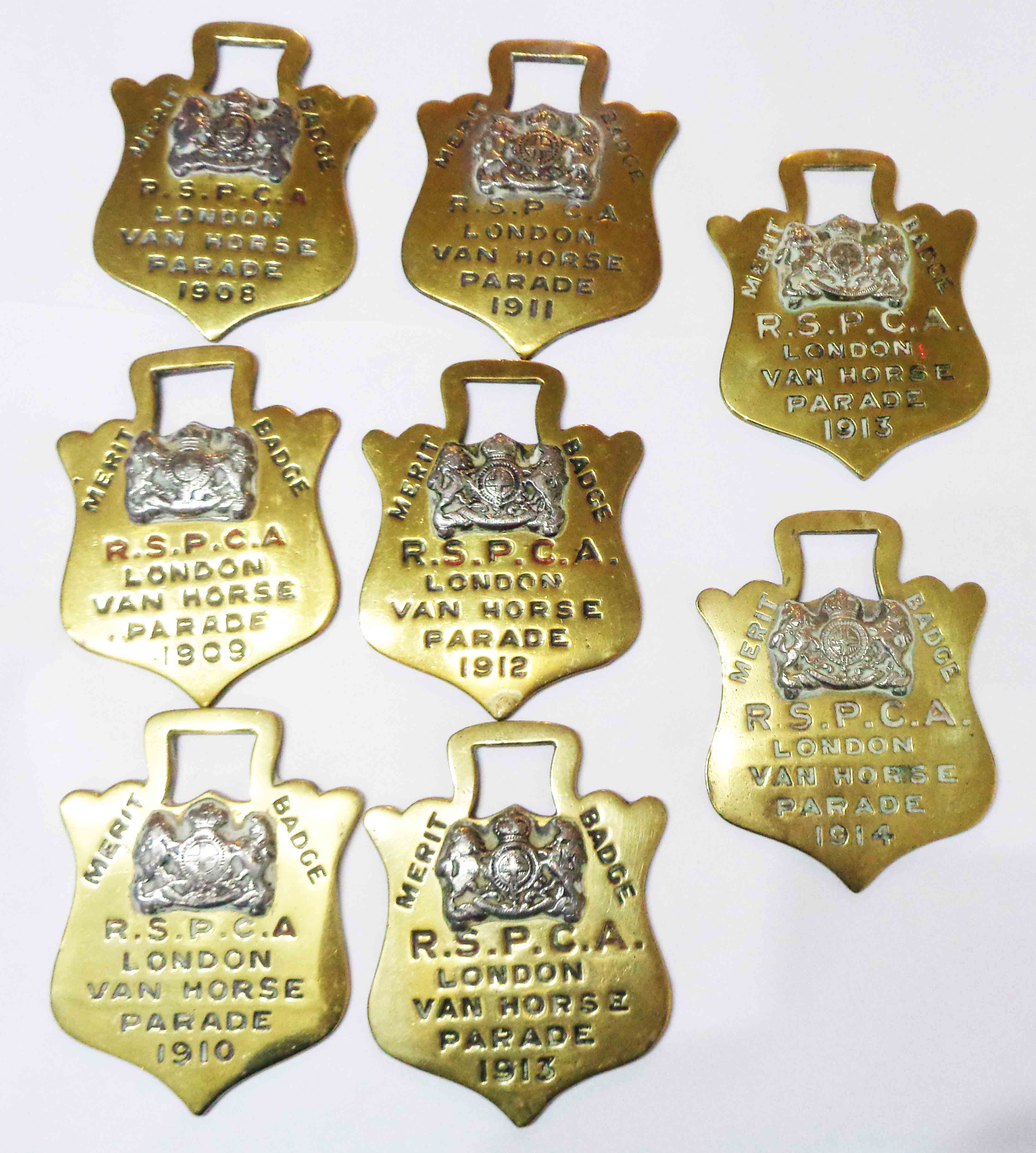 Eight RSPCA London Van Horse Parade Merit Badge horse brasses ...