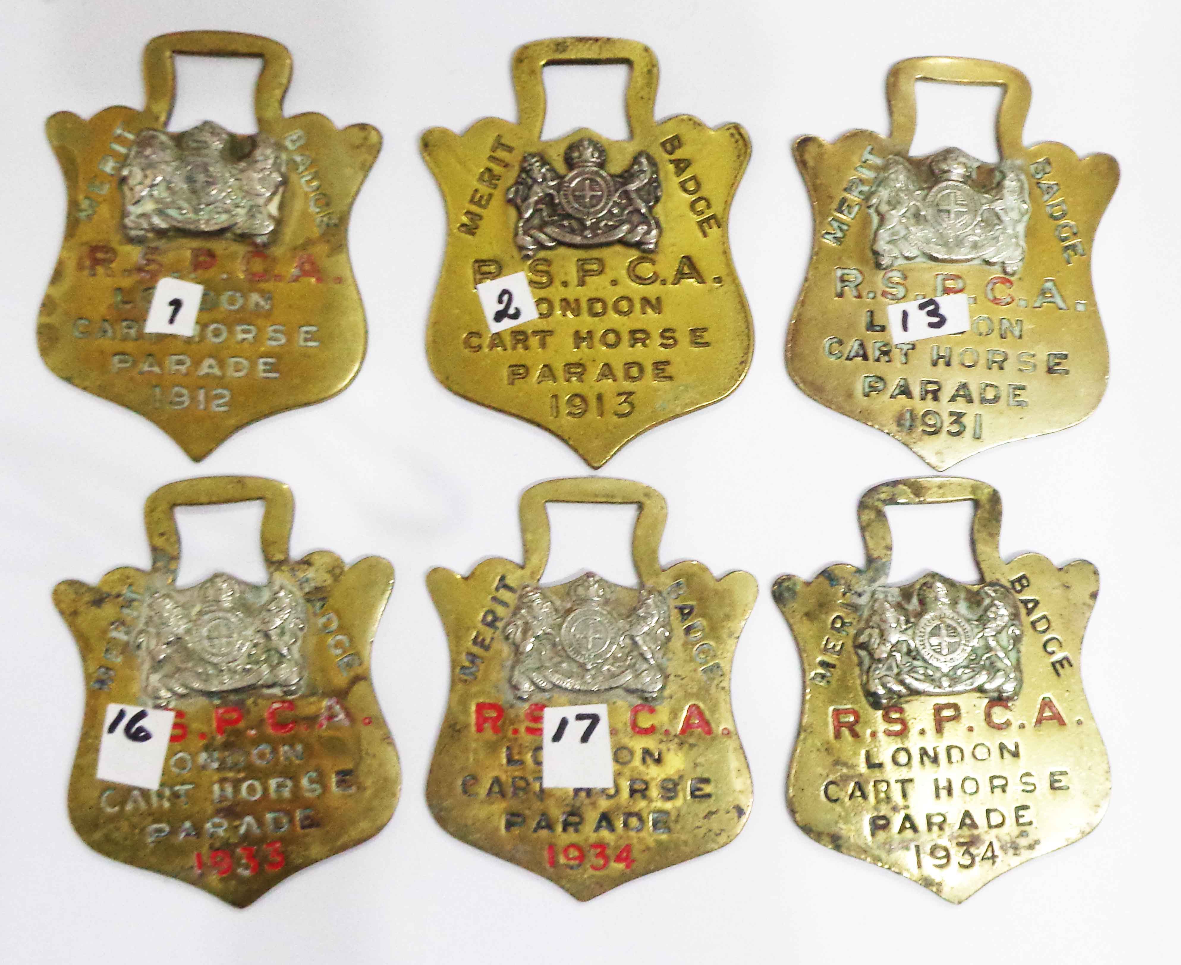 Six RSPCA London Cart Horse Parade Merit Badge horse brasses comprising ...