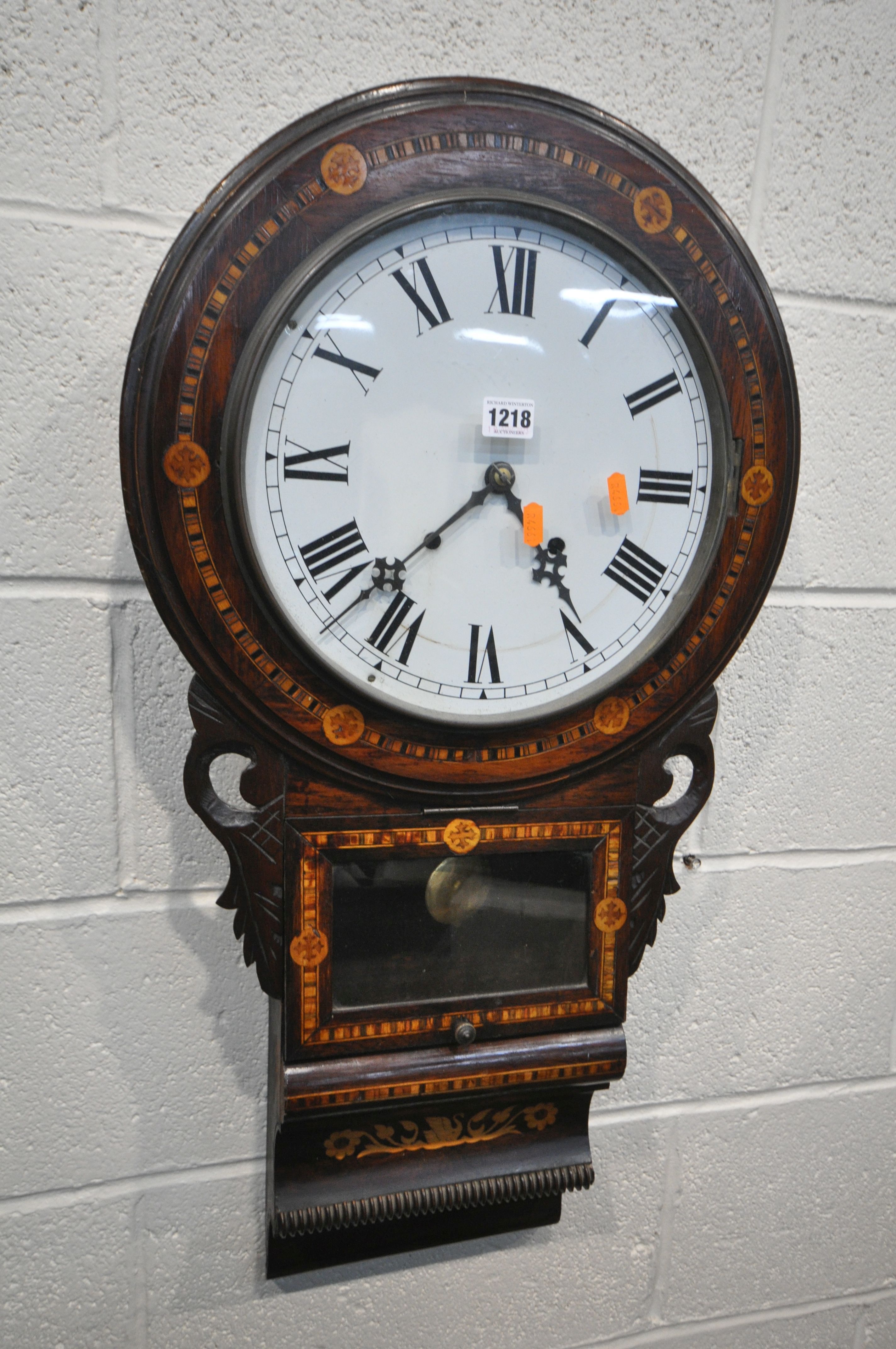 A LATE VICTORIAN WALNUT AND MARQUETRY INLAID DROP DIAL WALL CLOCK, with ...