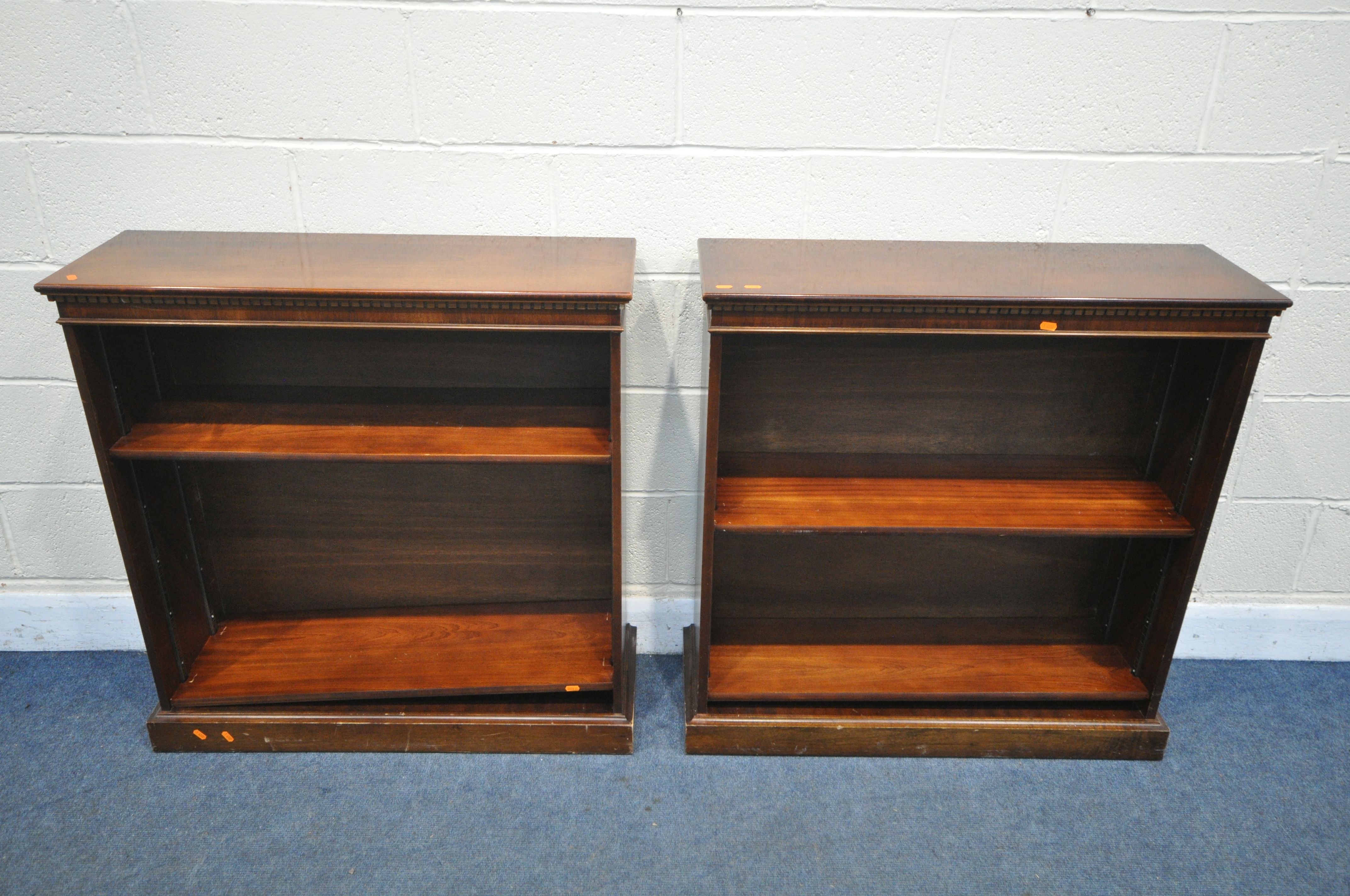 A PAIR OF MAHOGANY OPEN BOOKCASES, with adjustable shelves, width 90cm ...