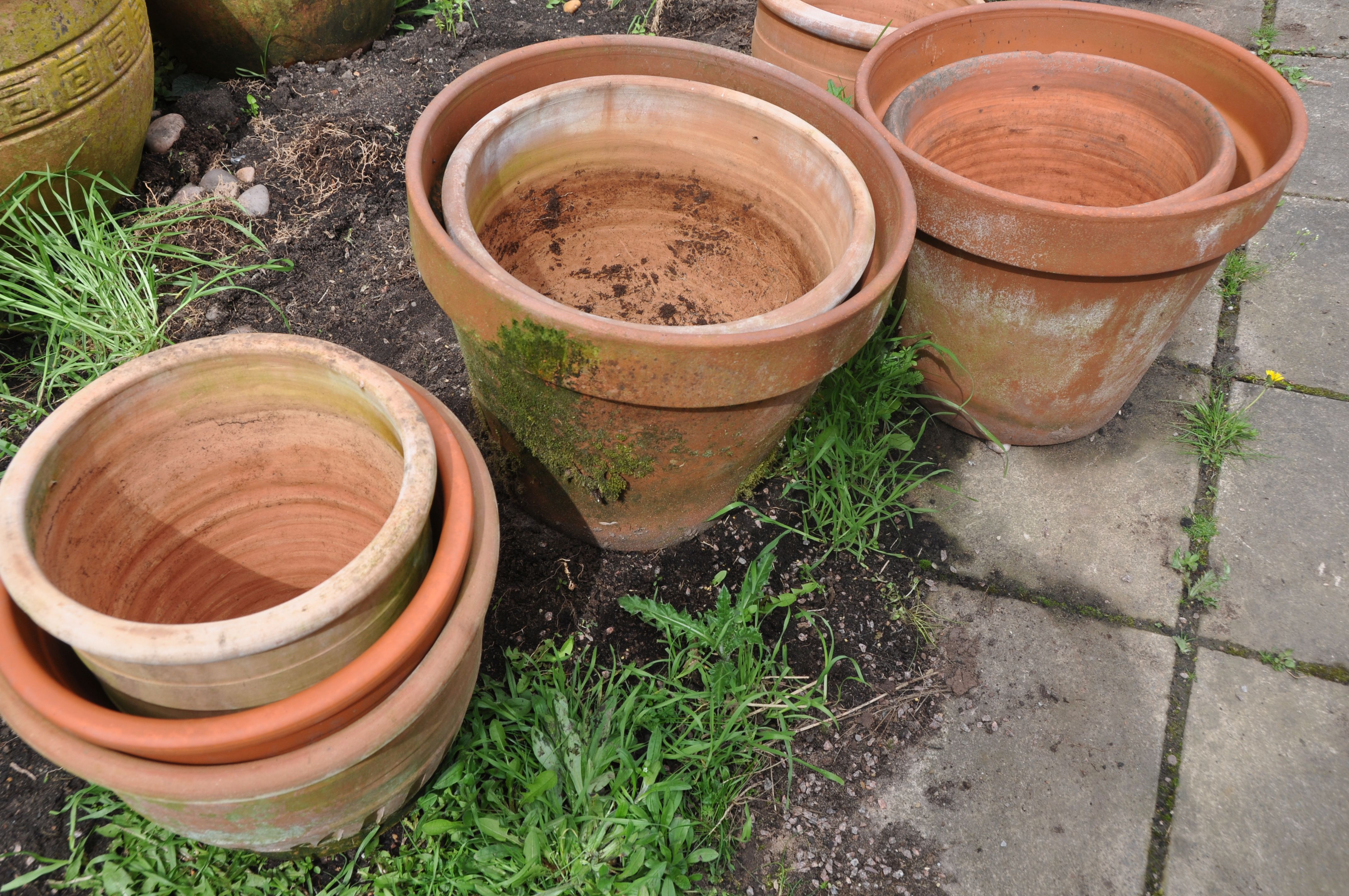 A COLLECTION OF TEN WEATHERED TERRACOTTA POTS of all different sizes ...