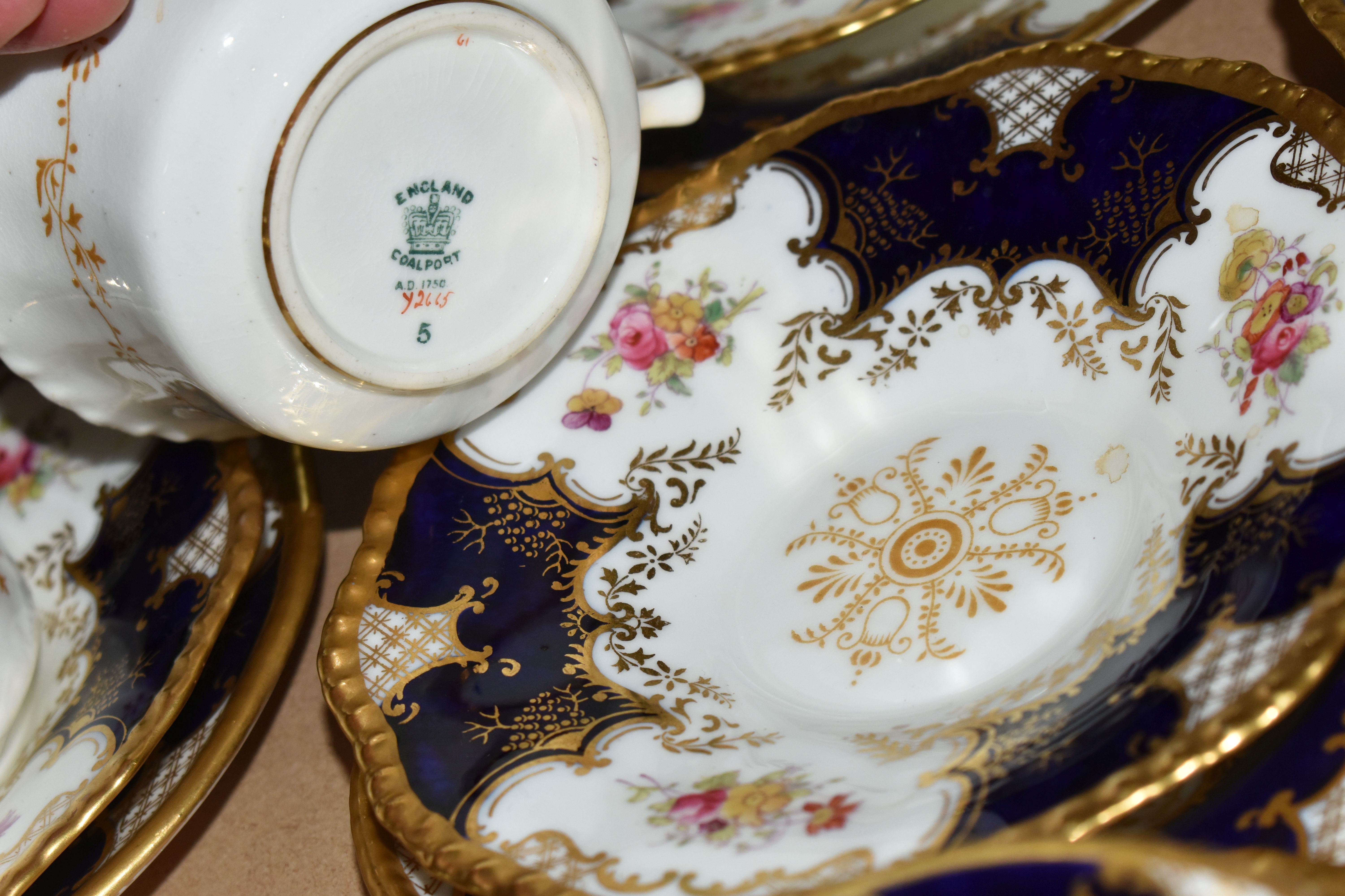 A COALPORT BLUE 'BATWING' TEA SET, comprising a milk jug, sugar bowl ...