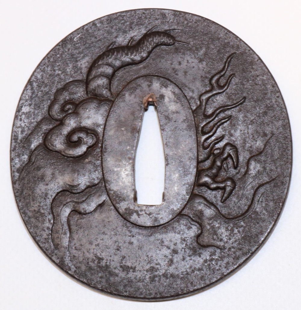 Japanese signed `Mitsutade Chohan' early 19th century tsuba with dragon ...