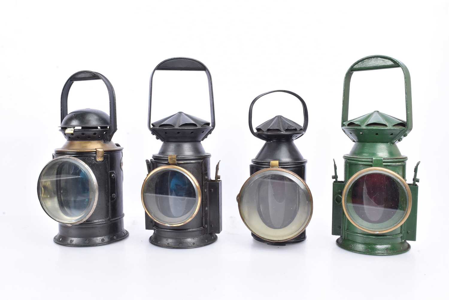 Four Repainted/Restored Railway Lamps, all of cylindrical form, with ...