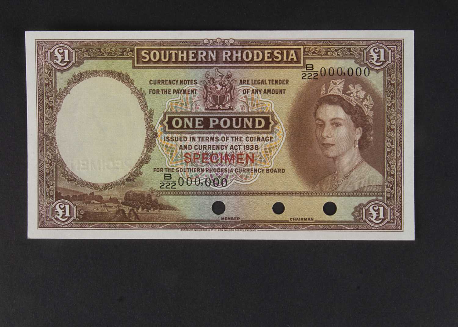 Specimen Bank Note: Southern Rhodesia specimen 1 Pound, circa 1952, no ...