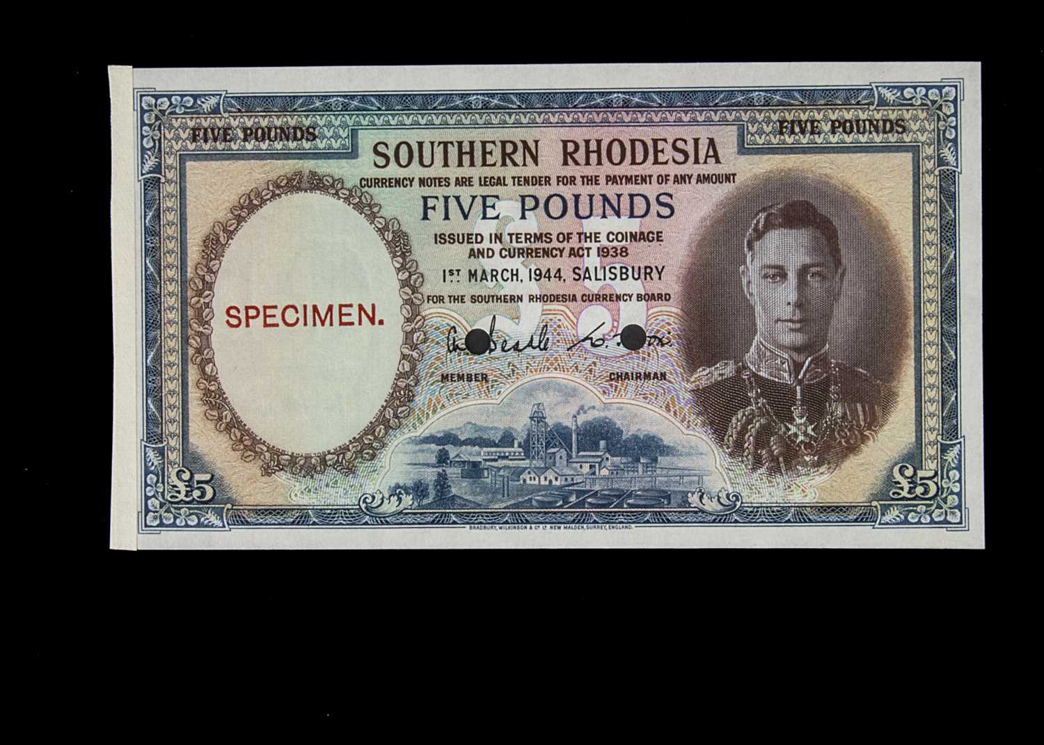 Specimen Bank Note: Southern Rhodesia specimen 5 Pounds, dated 1944 ...