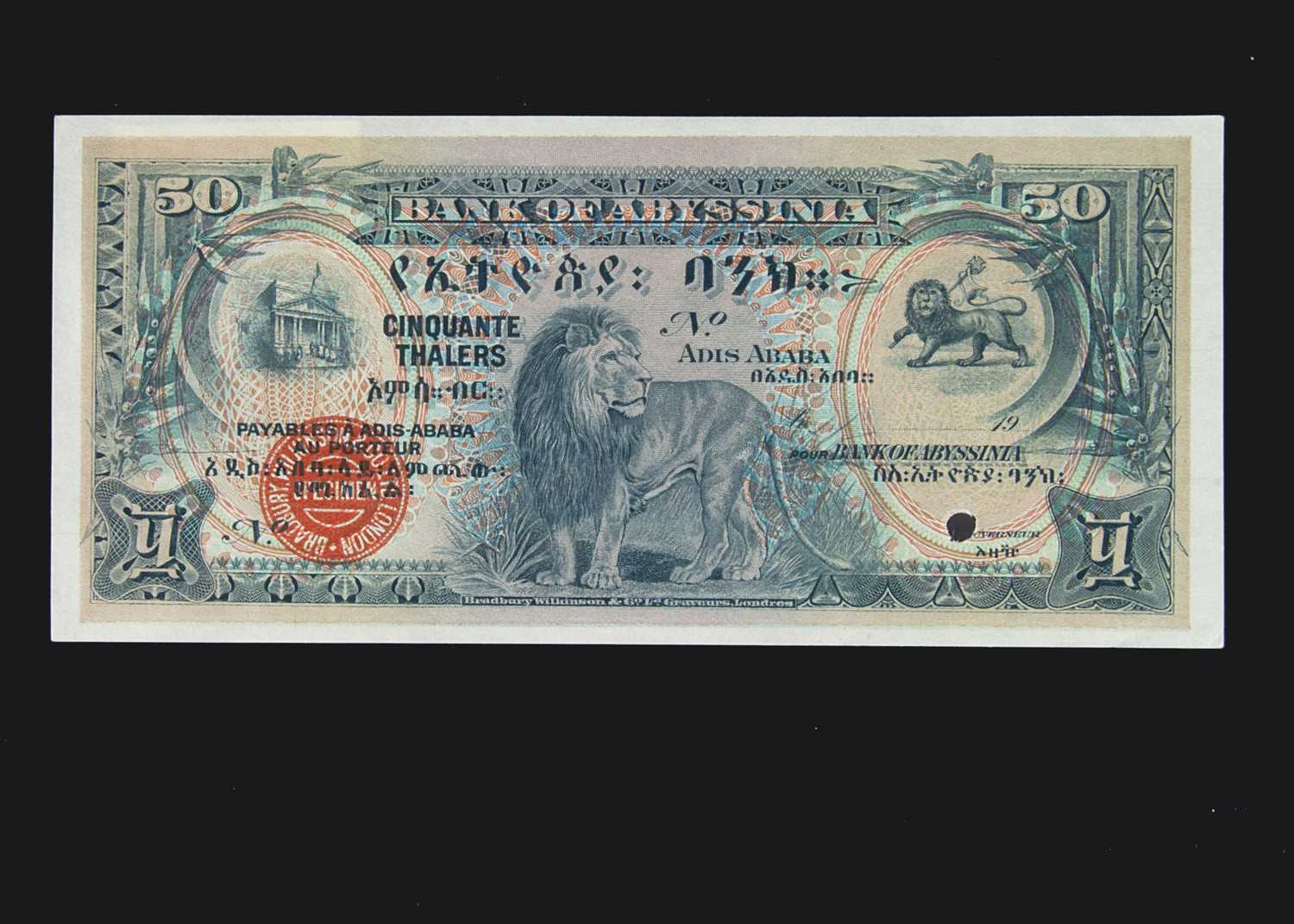 Specimen Bank Note: Abyssinia specimen 50 Thalers, circa 1929, no ...