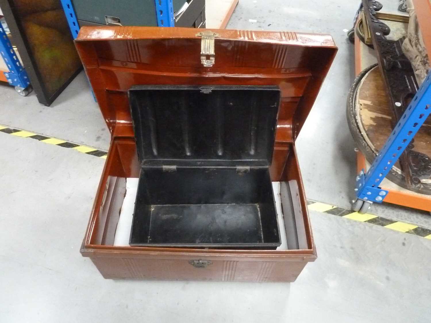 Two vintage metal travel trunks, together with a Victorian copper and ...