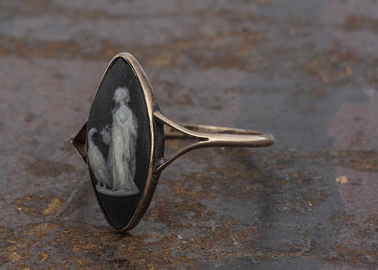 A 19th century Wedgwood black basalt/jasper navette shaped dress ring ...
