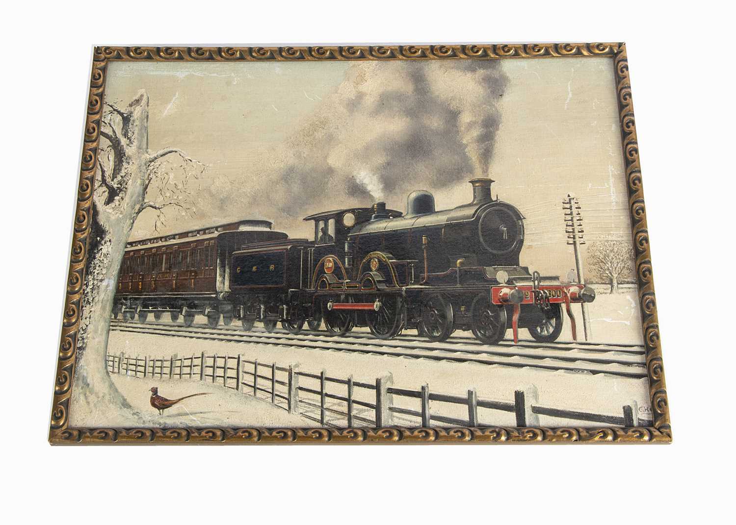 oil on board Steam & Snow by C Hamilton Ellis, framed view of GER Claud ...