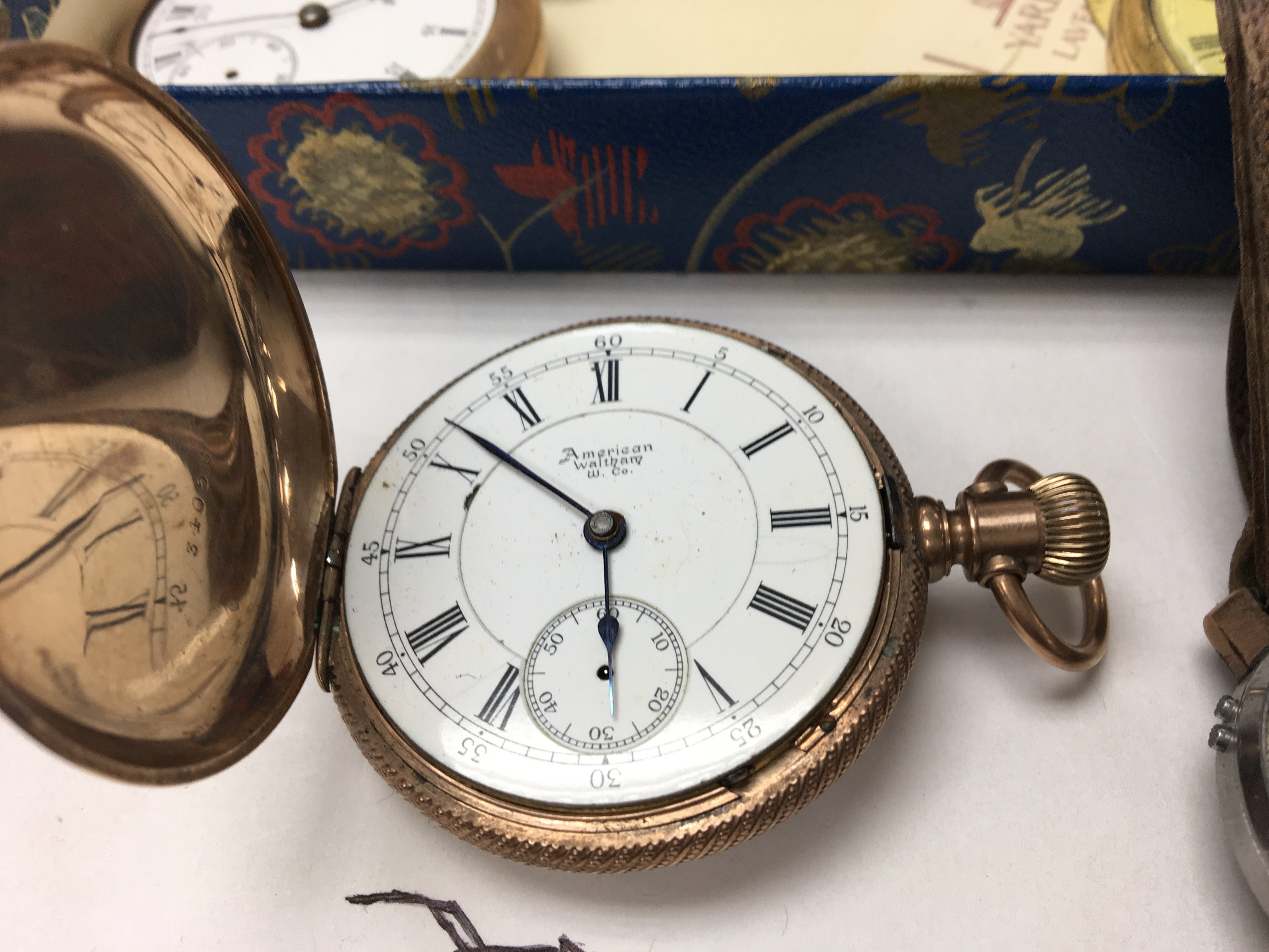Three gold plated pocket watches and Gents wristwatch.