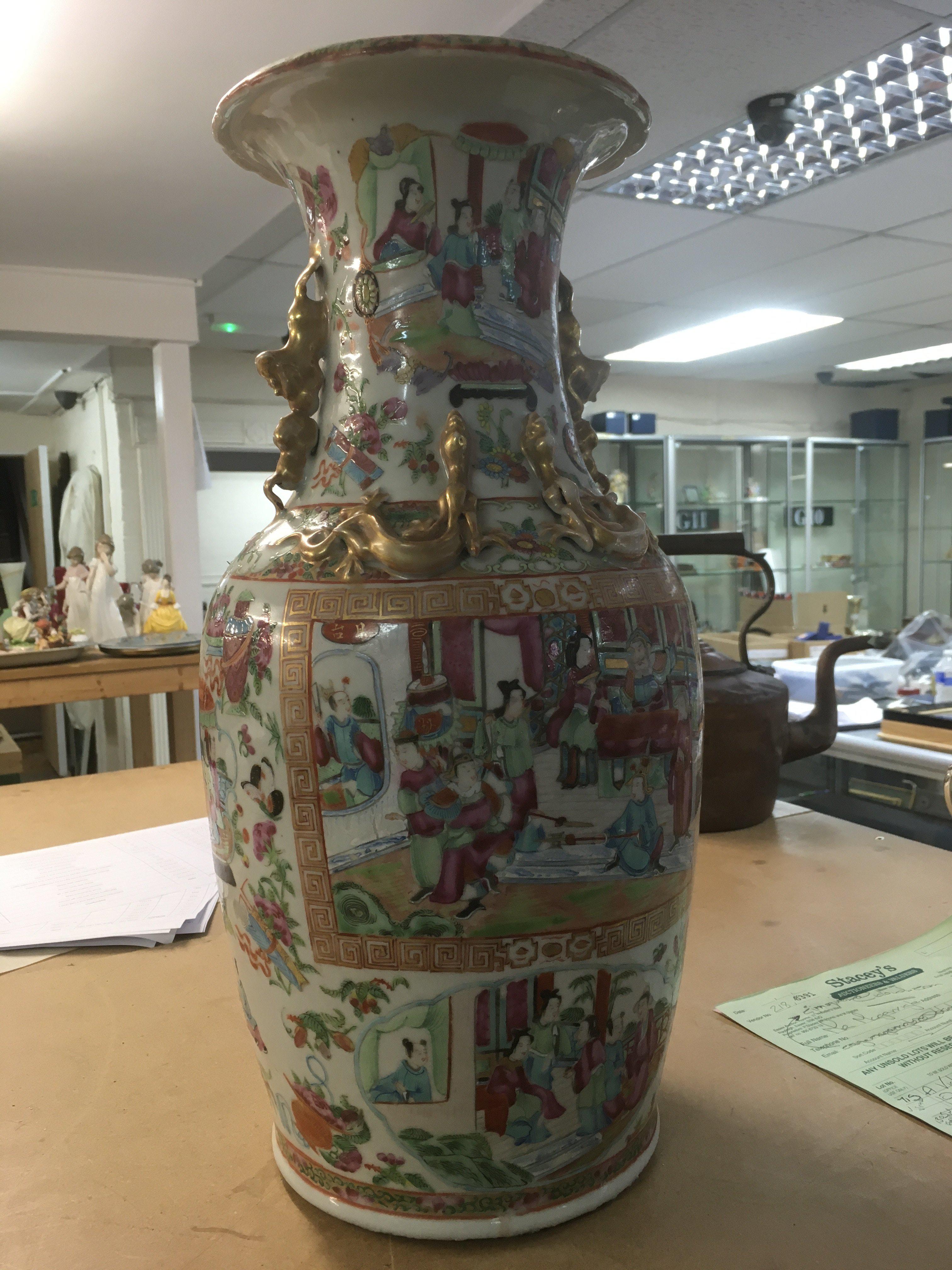 A late 19th century Chinese Cantonese export porcelain vase (damaged)