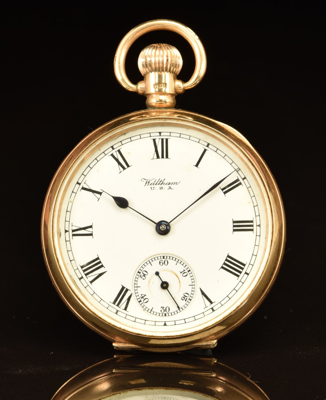 Waltham 9ct gold keyless winding open faced pocket watch with inset ...