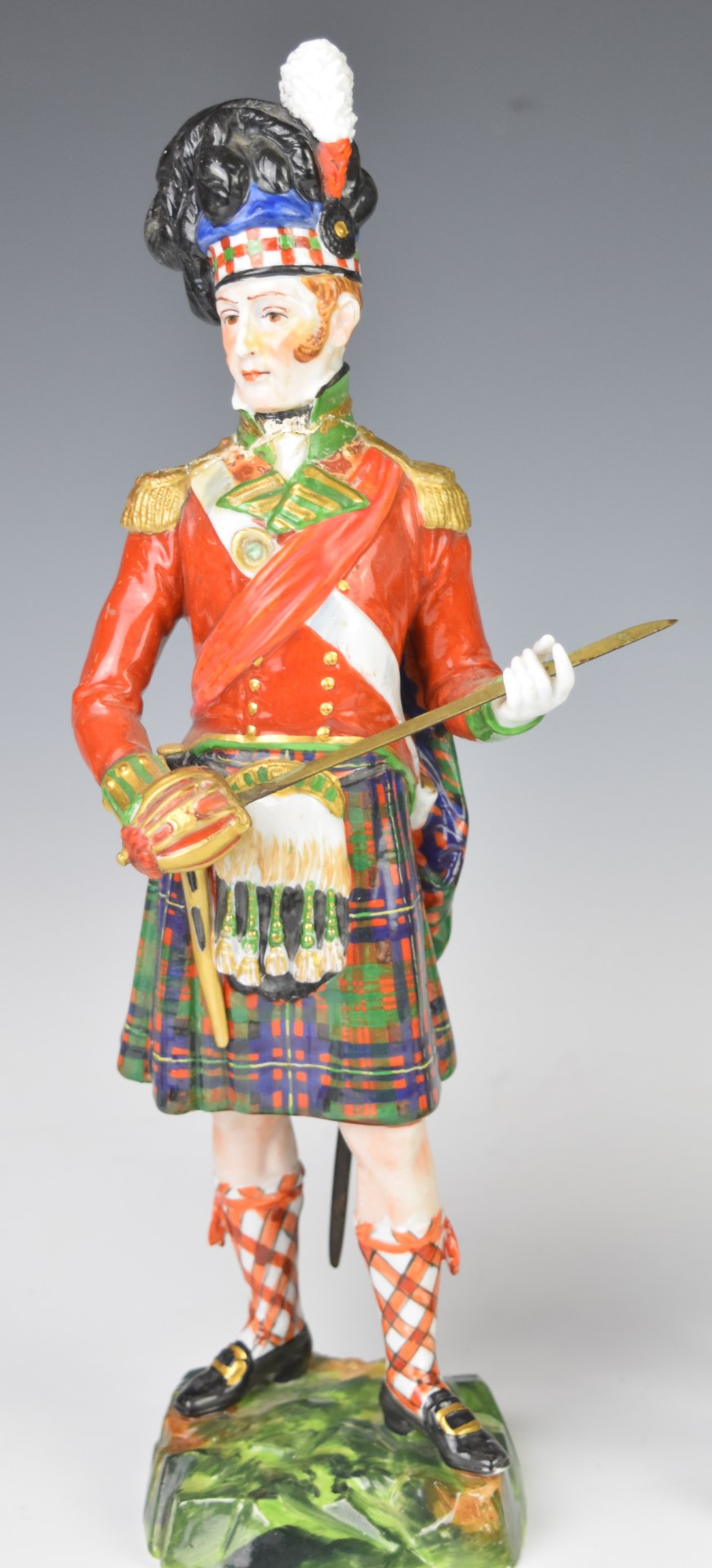 Three Dresden military figures comprising Officer 79th Highlanders 1840 ...