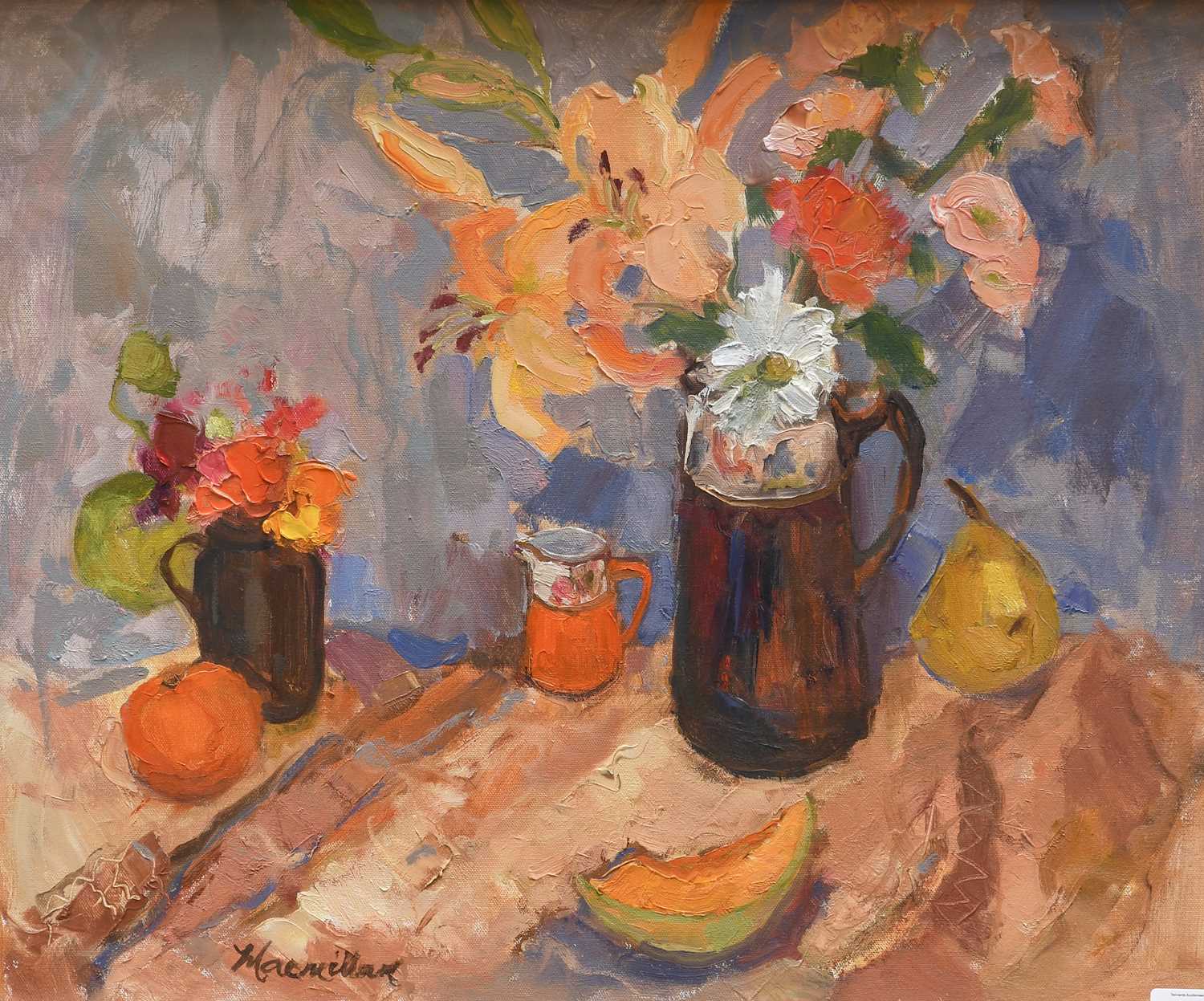 Sheila MacMillan DA PAI (1928-2018) Scottish Still life of Lilies in a ...