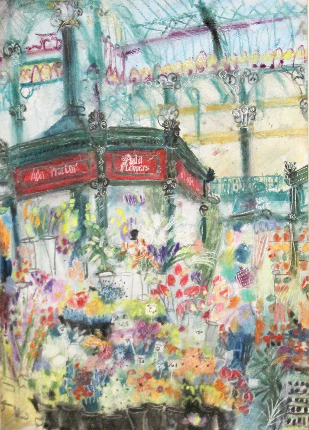 Selina Thorp (b.1968)"Flower Stall Leeds Market"Signed, oil pastel, 43 ...