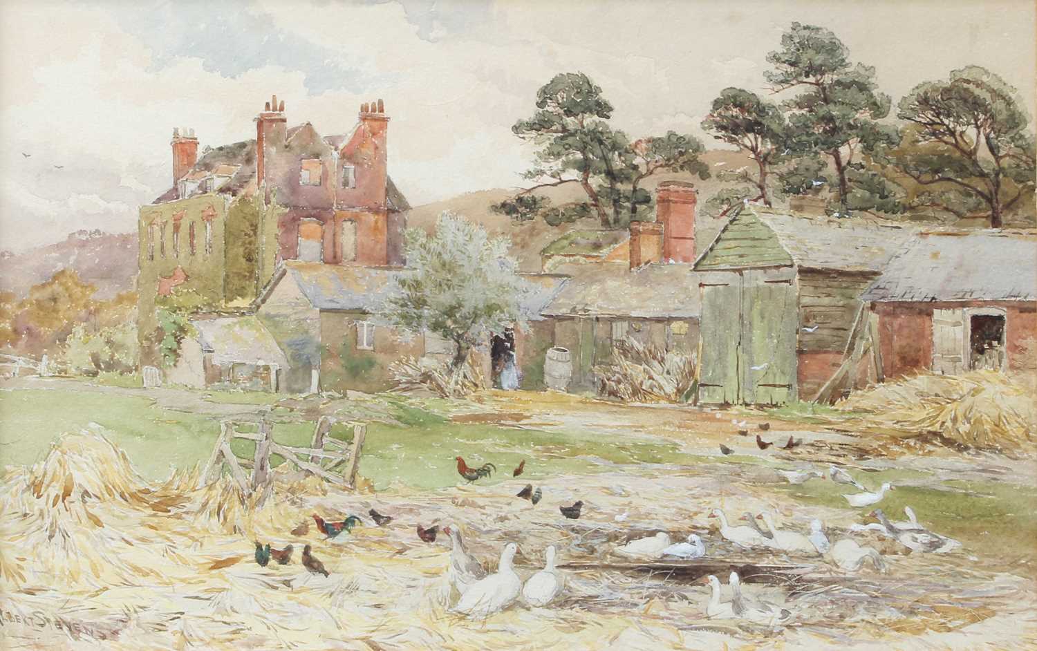 Albert Stevens (1863-1927) Chickens and ducks grazing before a country ...