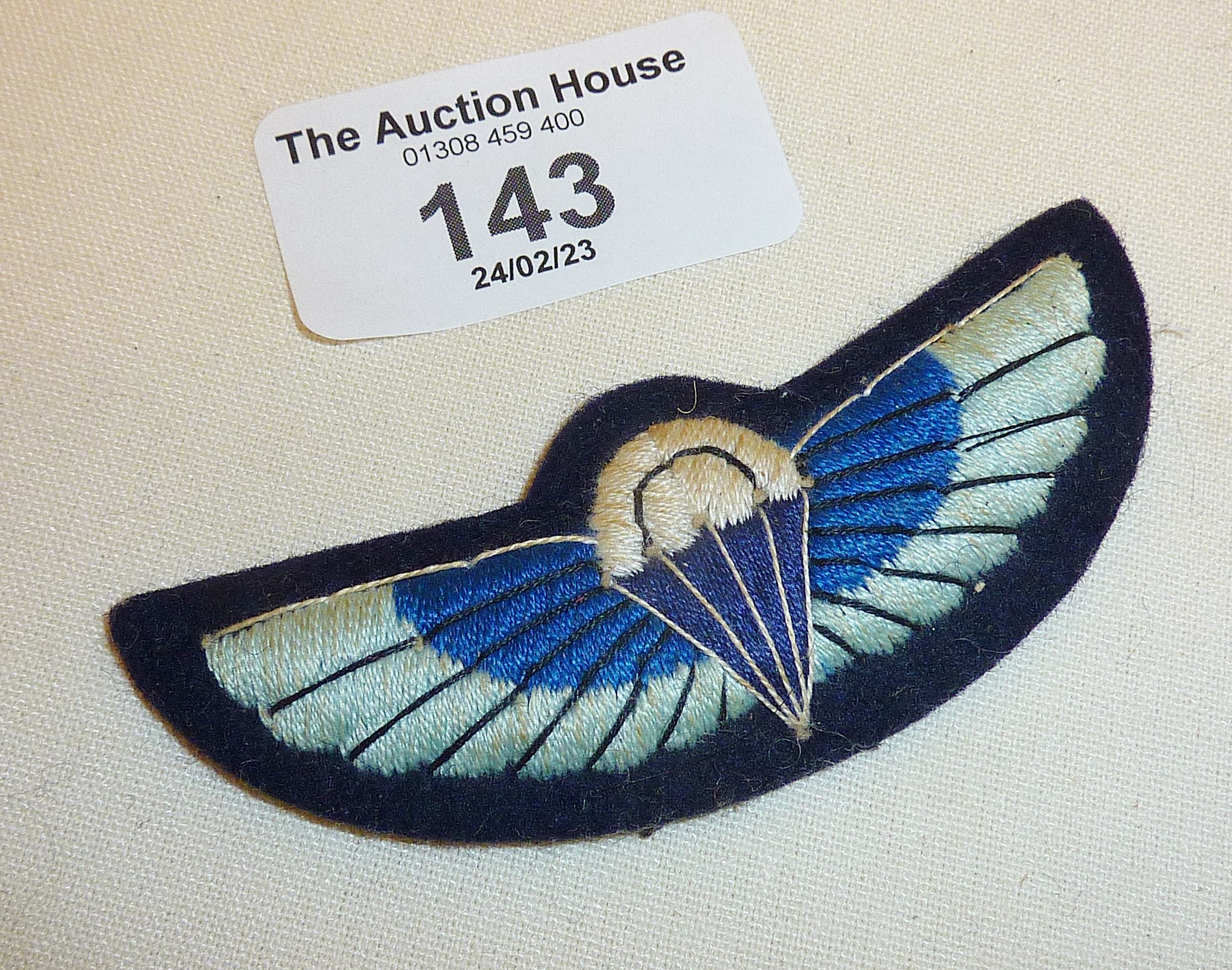 An SAS cloth wings badge, pale blue on a dark felt-type backing