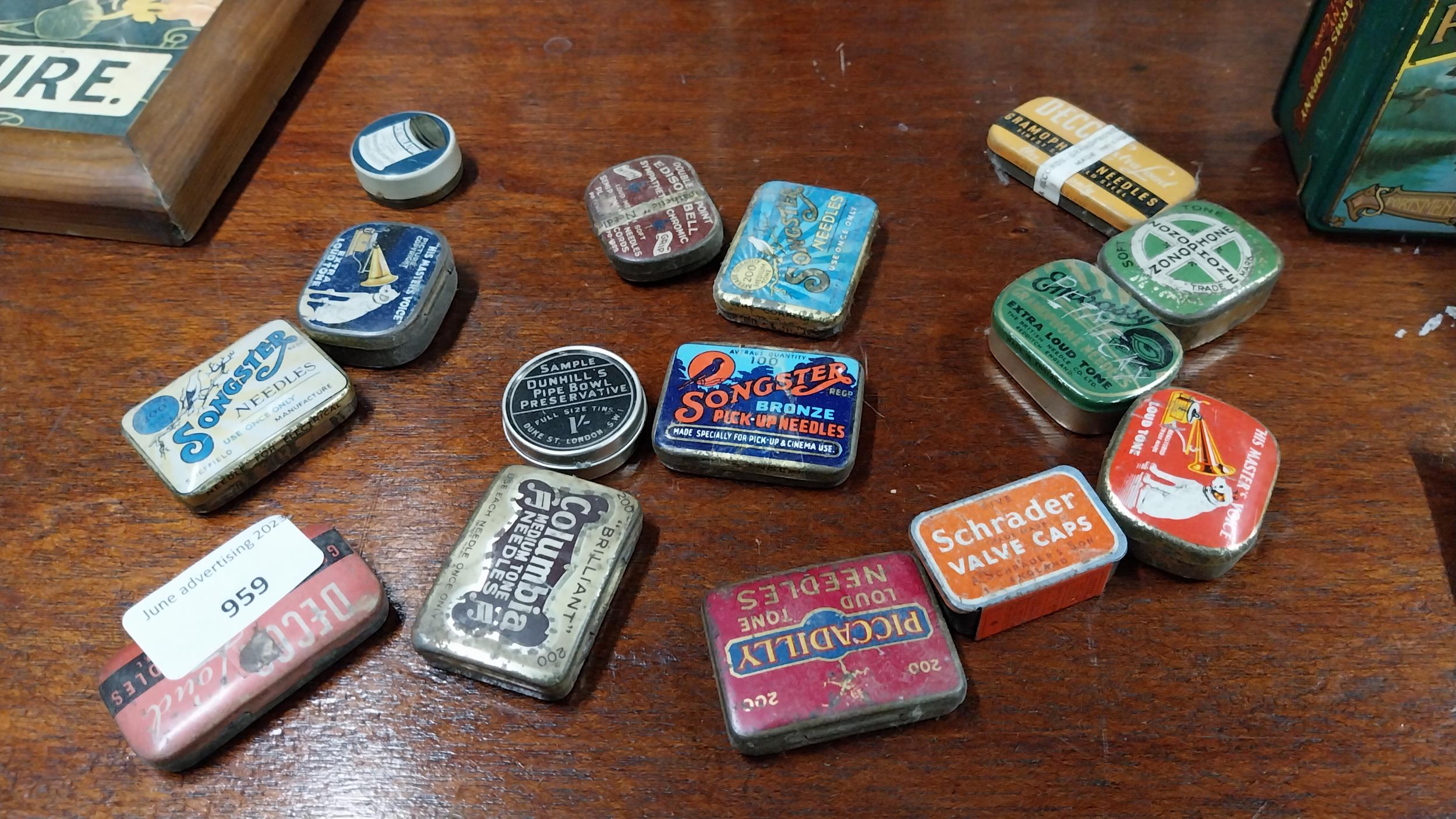 Collection of fifteen gramophone needle boxes.