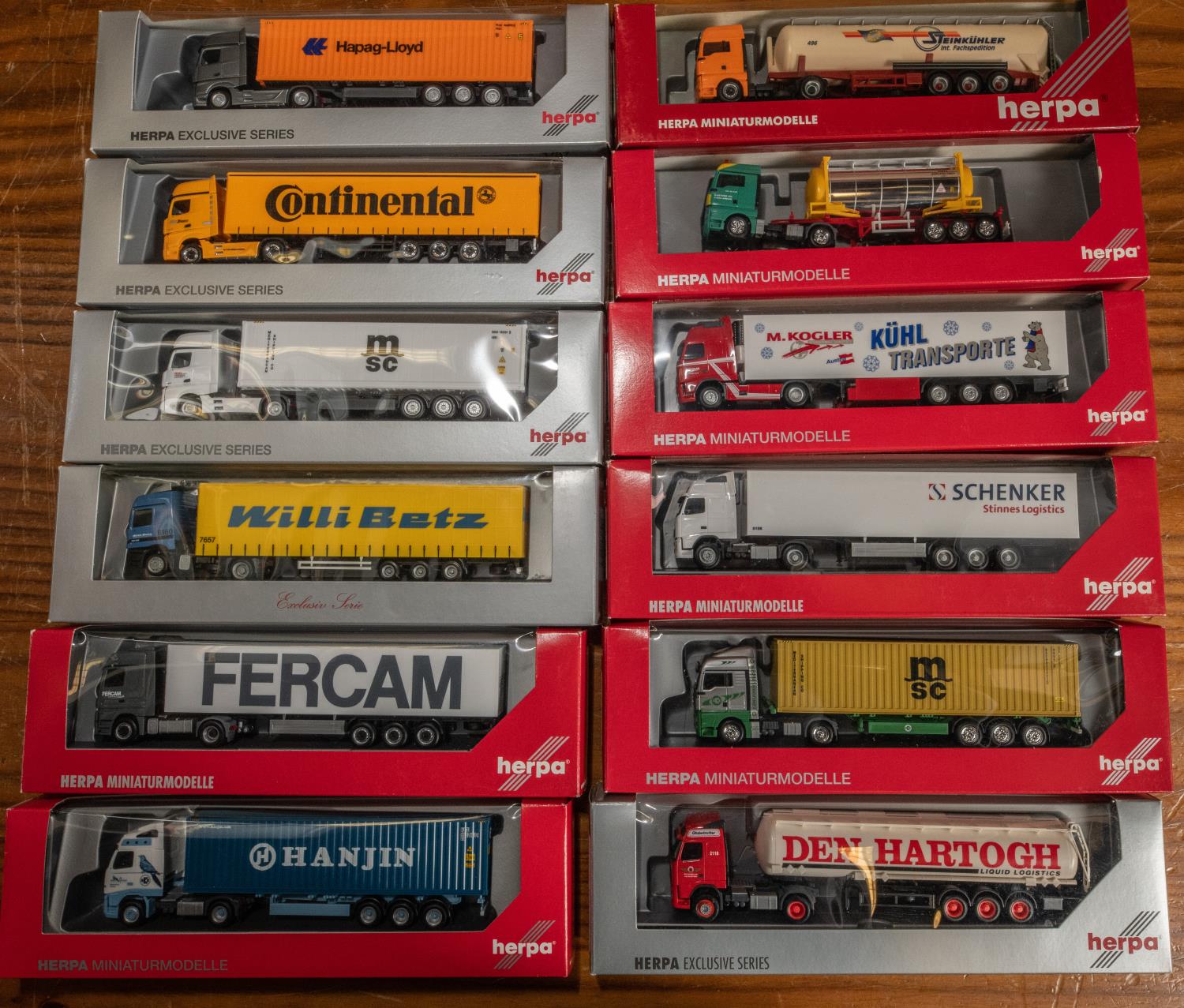 12 Herpa 1:87 Scale Trucks. 5x Mercedes Benz Actros- MSC, Willi Betz ...