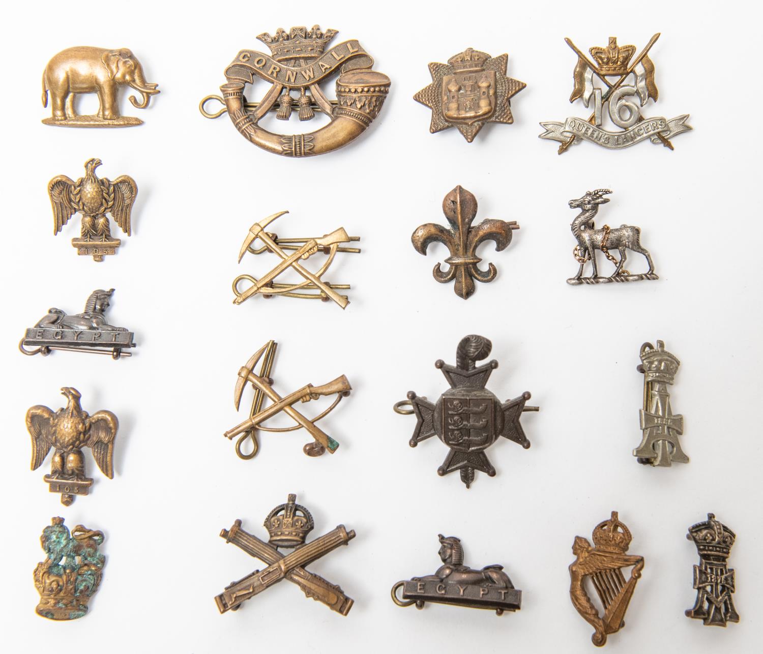 18 regimental collar badges: pair bronze 1st Dragoons, Victorian 16th ...