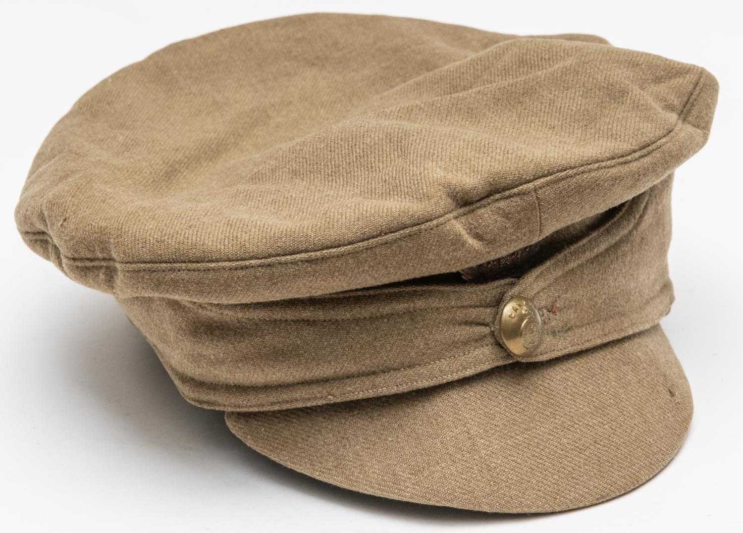 A very scarce WWI Canadian ORs khaki "Gorblimey" cap, bronzed badge ...