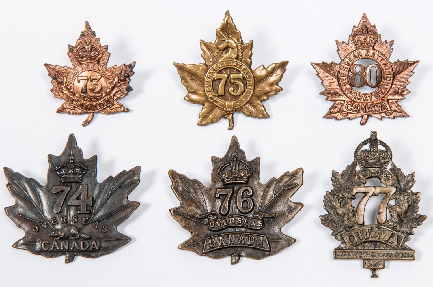 6 WWI CEF Infantry cap badges: 73rd, 74th by Tiptaft, 75th, 76th by ...