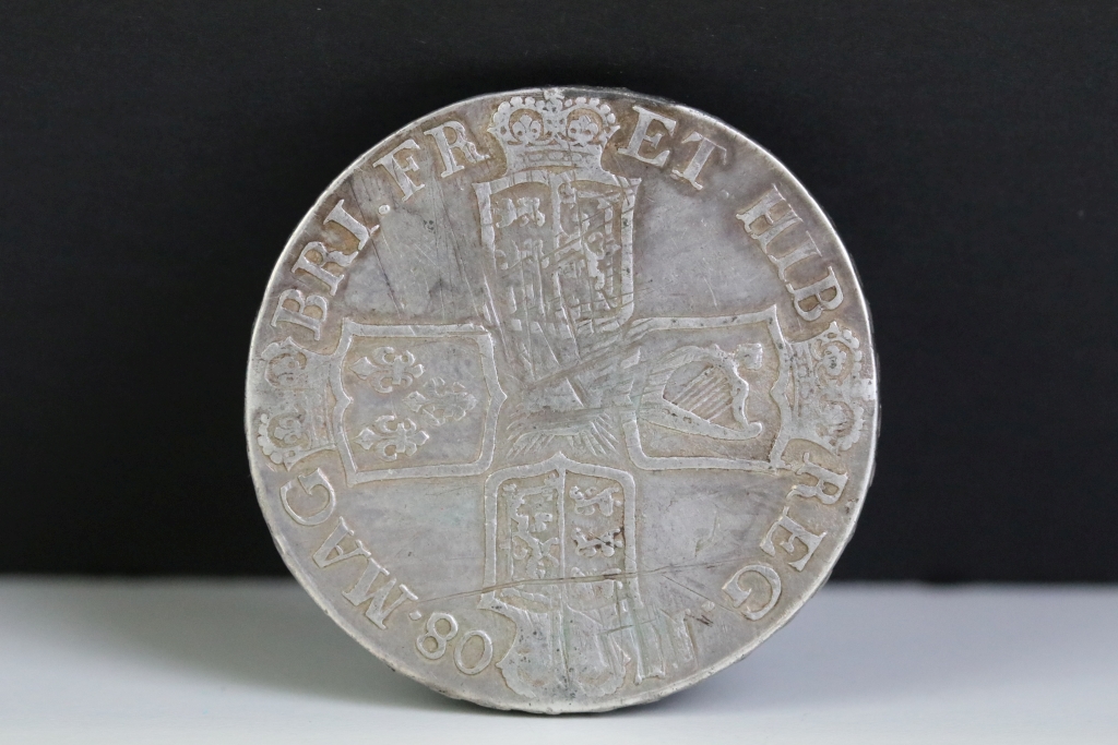 A British Queen Anne 1708 early milled silver full crown coin.