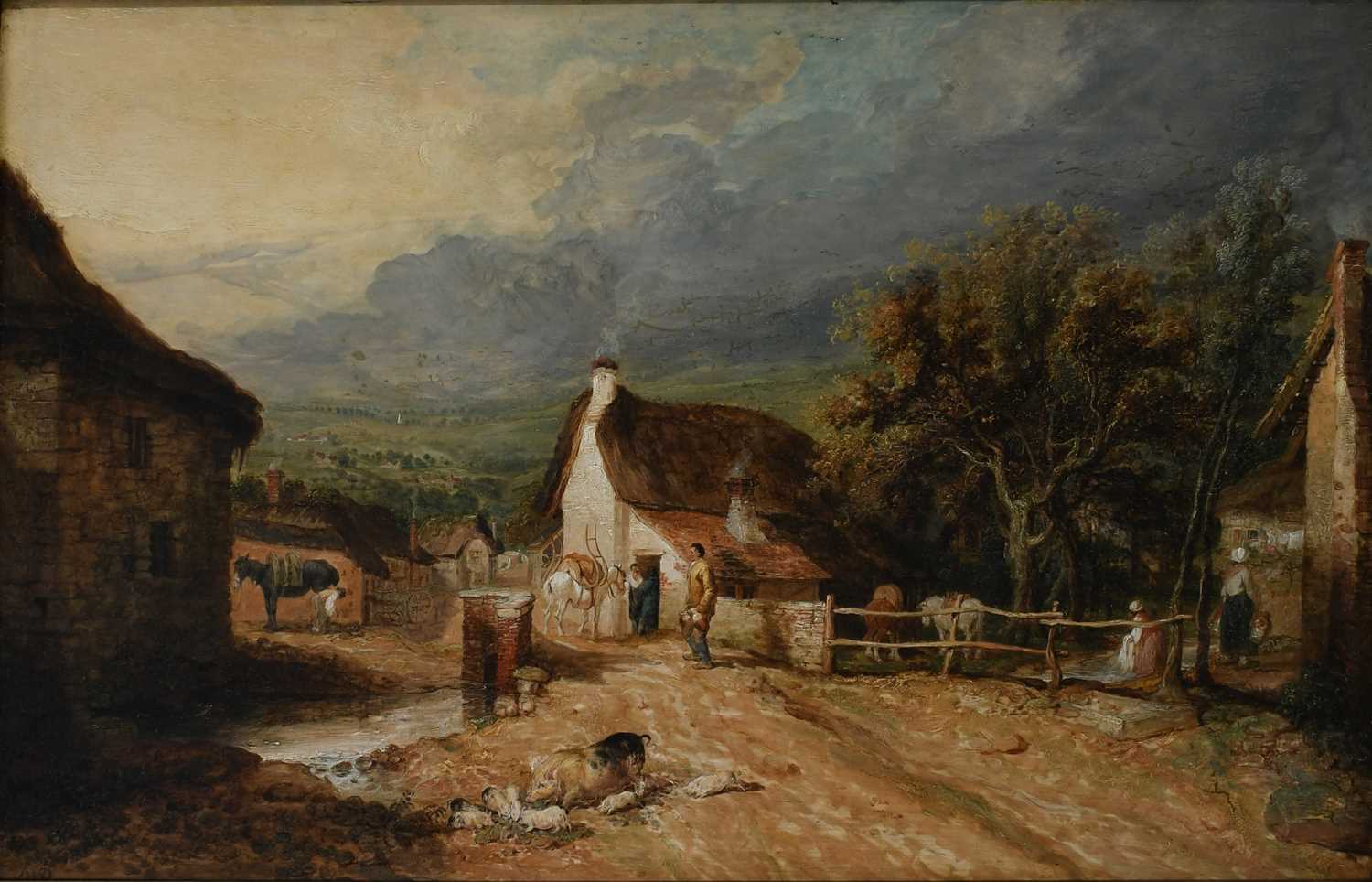 James Ward RA (1769-1859) Village scene with figures outside cottages ...