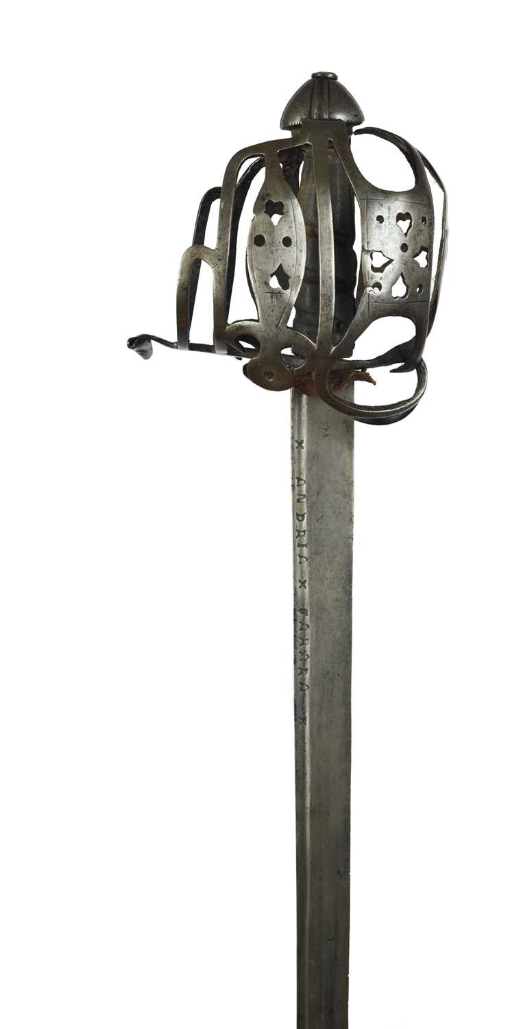 A Scottish basket-hilted sword, single-edged blade 32 in., narrow back ...