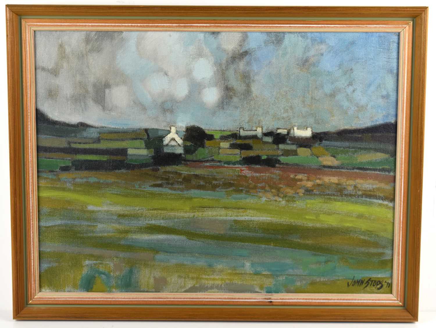 John Stops (British 1925-2002): Landscape scene with buildings, oil on ...