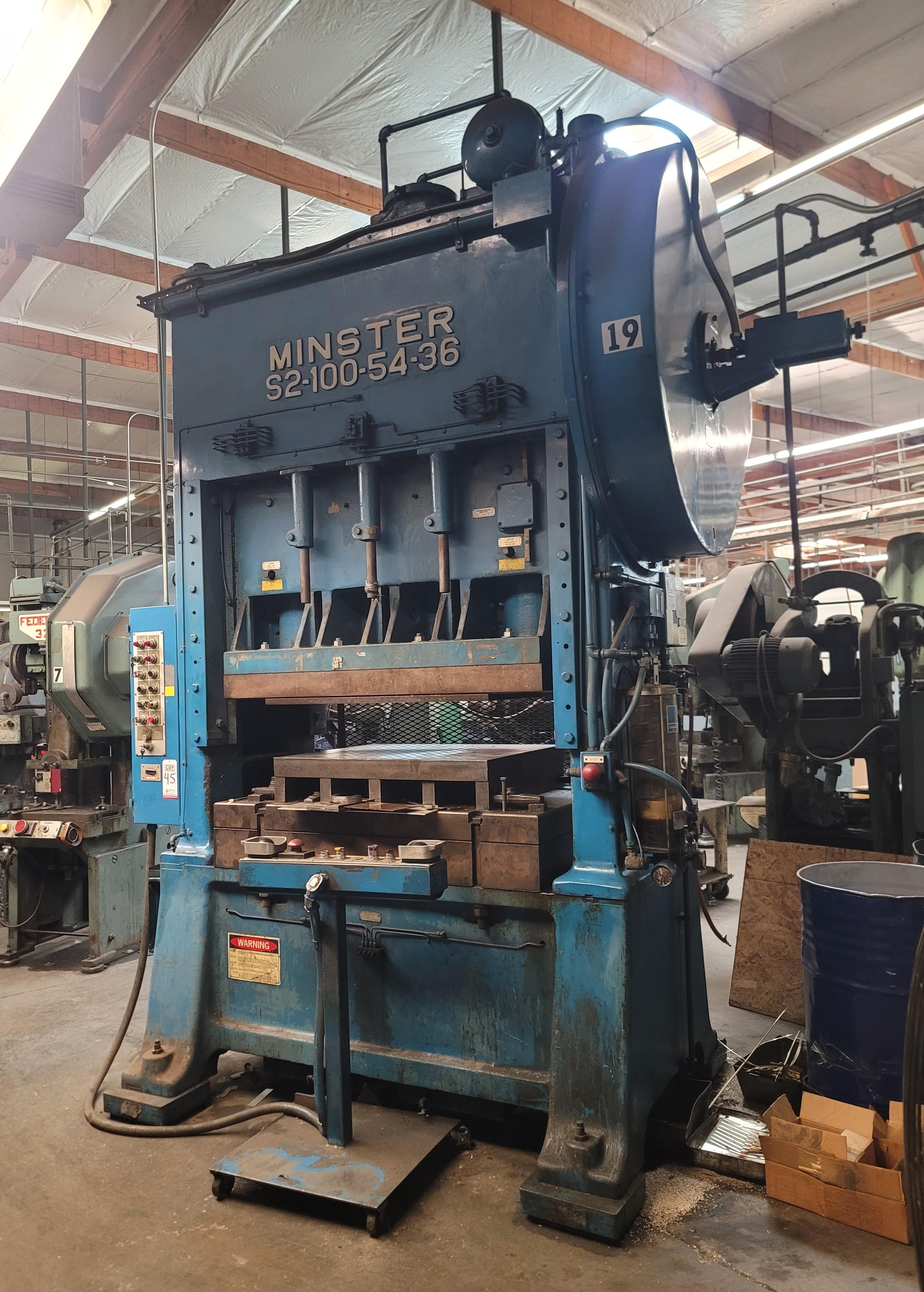 MINSTER 100-TON STRAIGHT SIDE PRESS, MODEL S2-100-54-36, BOLSTER SIZE ...
