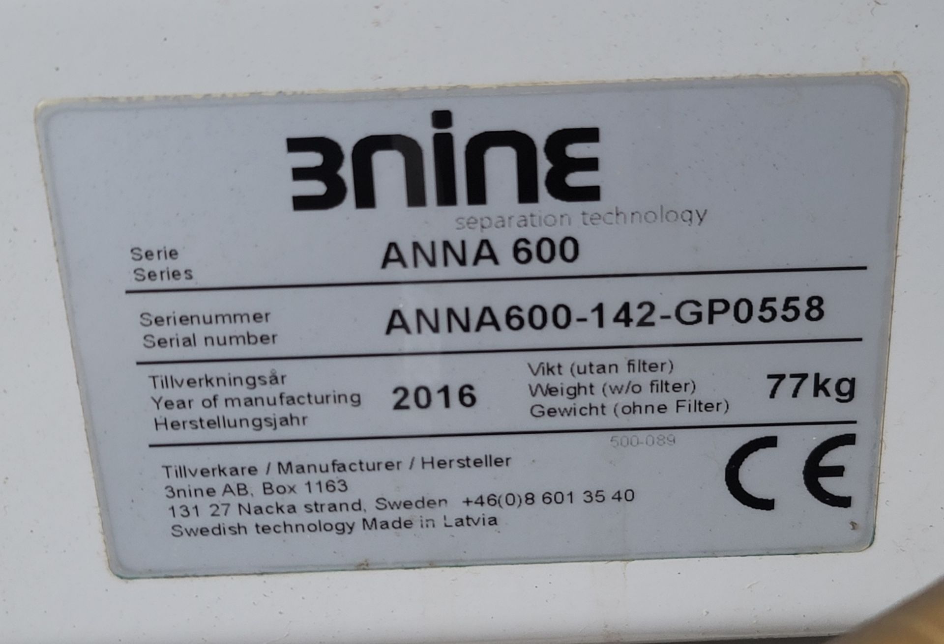 2016 3NINE OIL MIST ELIMINATOR, MODEL ANNA 600, S/N ANNA600-142-GP0558 ...