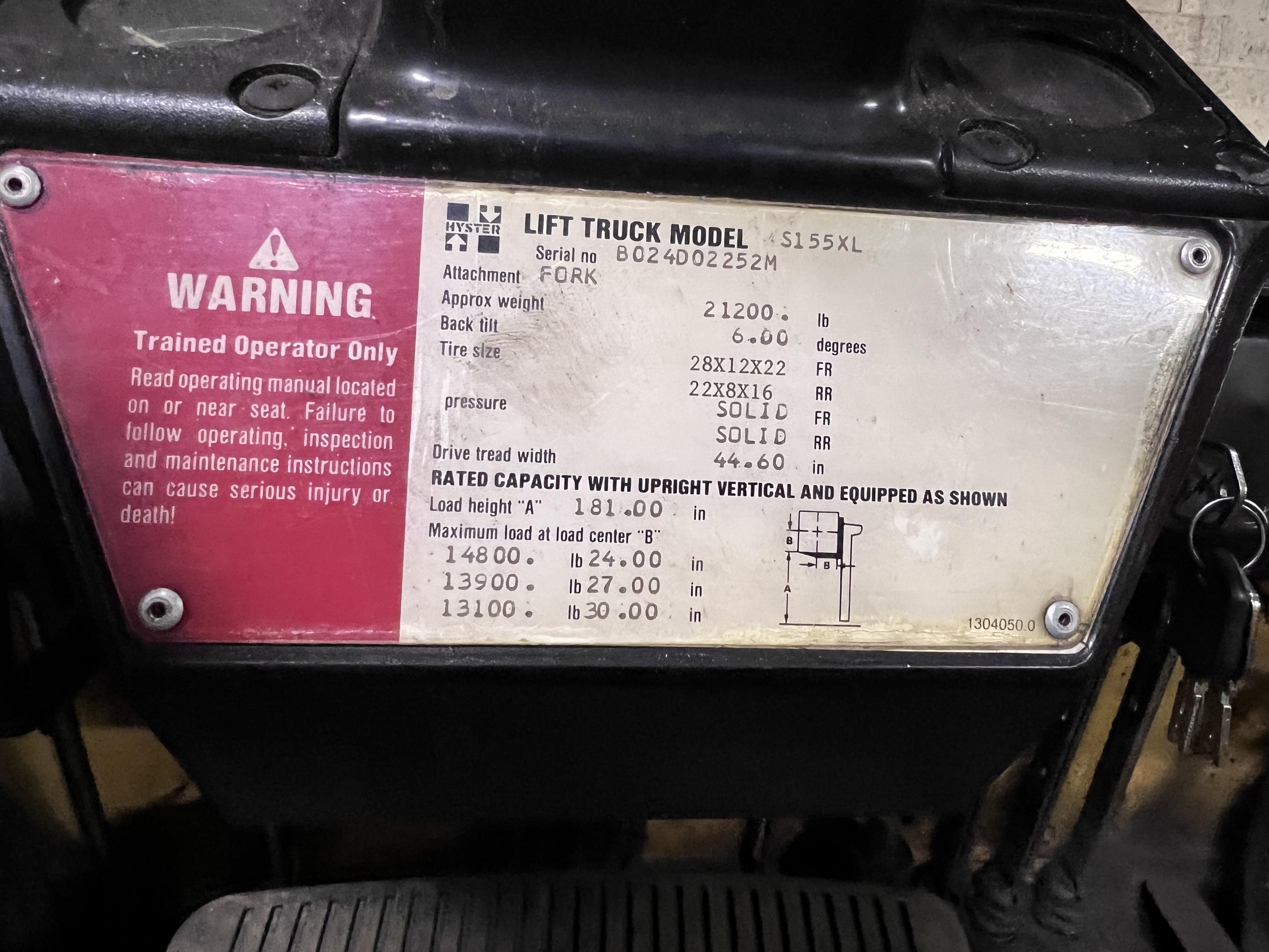 14,800 Lbs Hyster Model S155XL Lift Truck, s/n: B024D02252M, Solid ...
