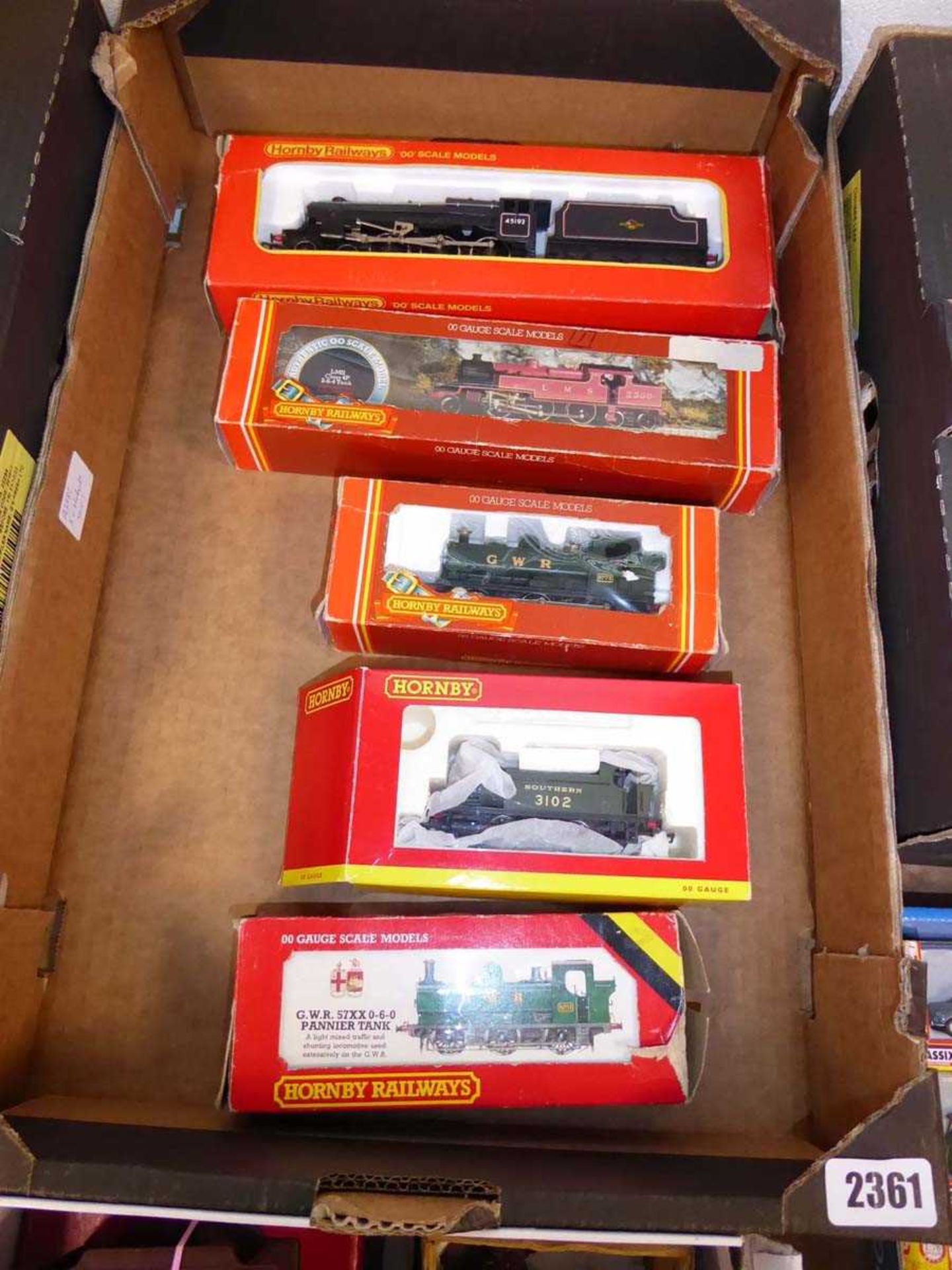 5 various Hornby Railways engines to include Black 5 class and Pannier Tank