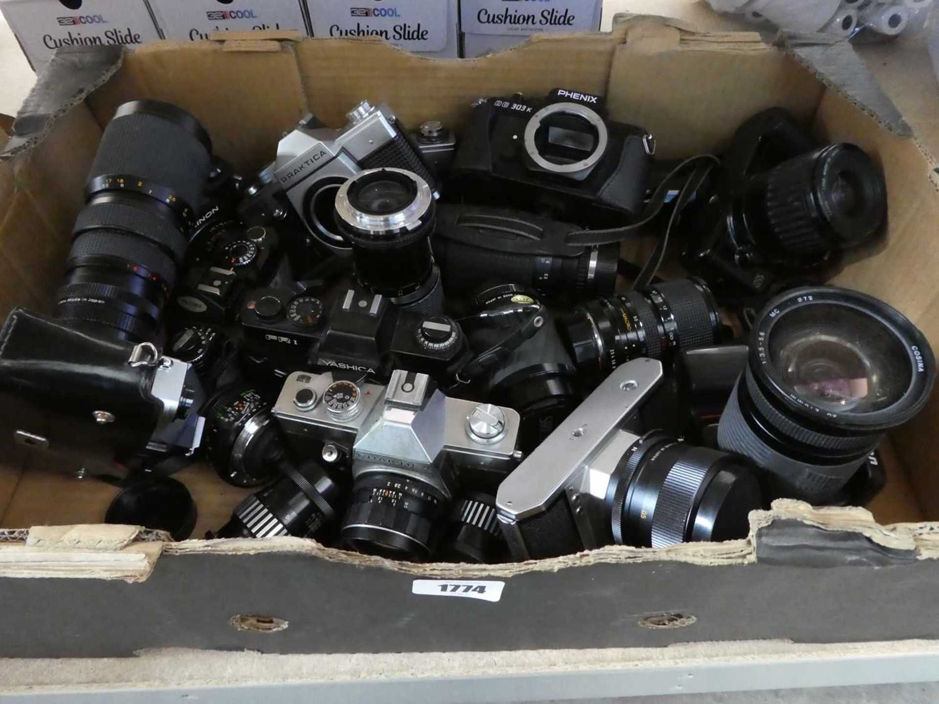 Tray and box containing vintage cameras, lenses, etc.