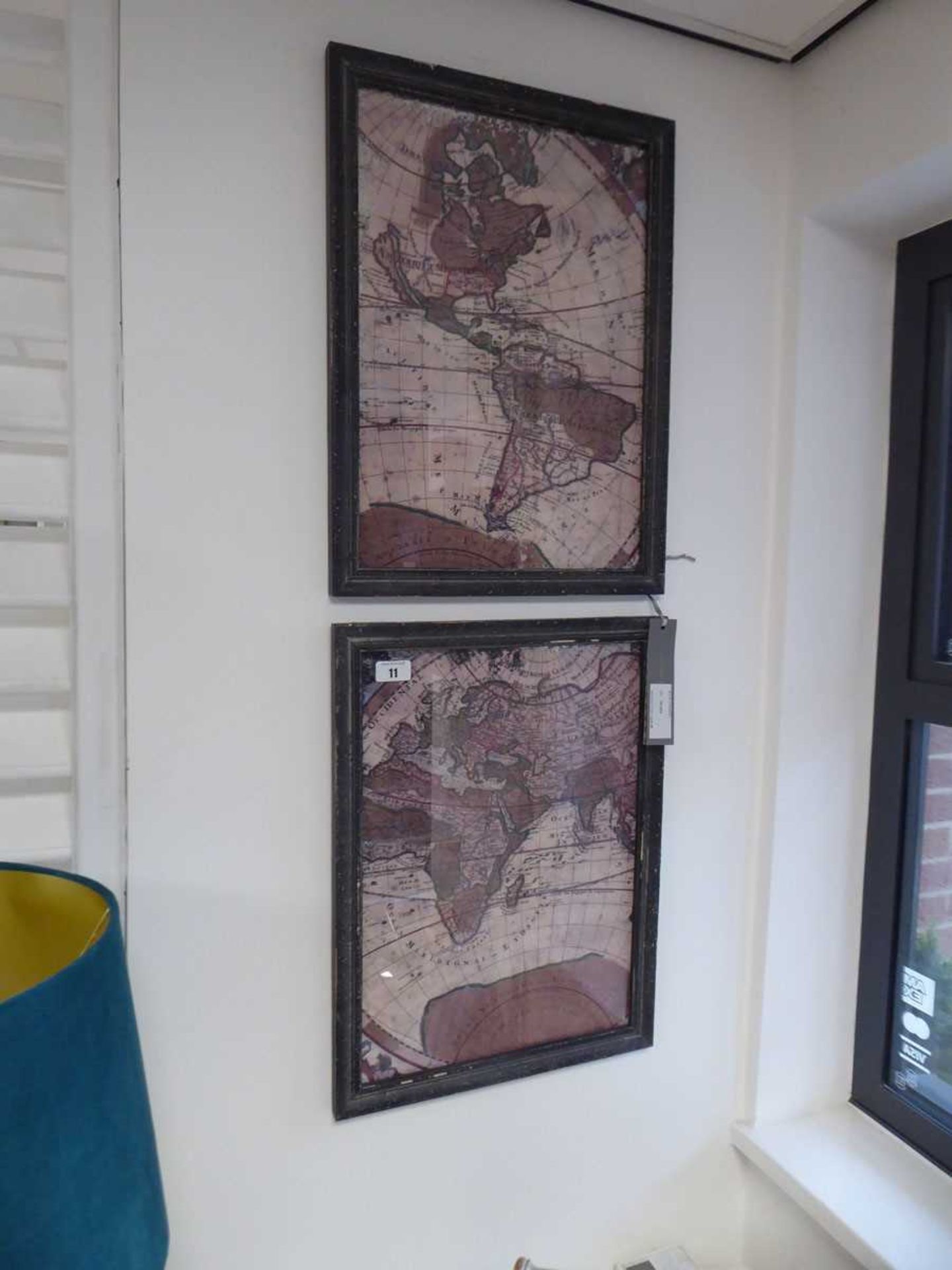 +VAT Pair of framed and glazed maps of the world Measurements including ...