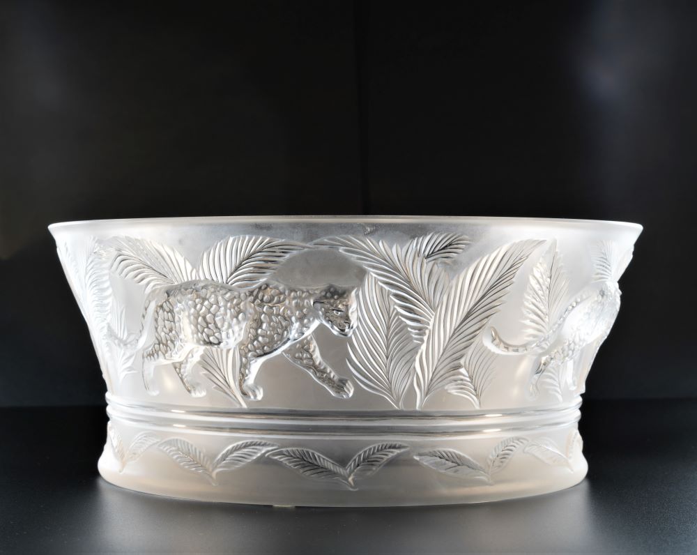 A LALIQUE Jungle Bowl in Clear Satin-Finished Crystal depicting the ...