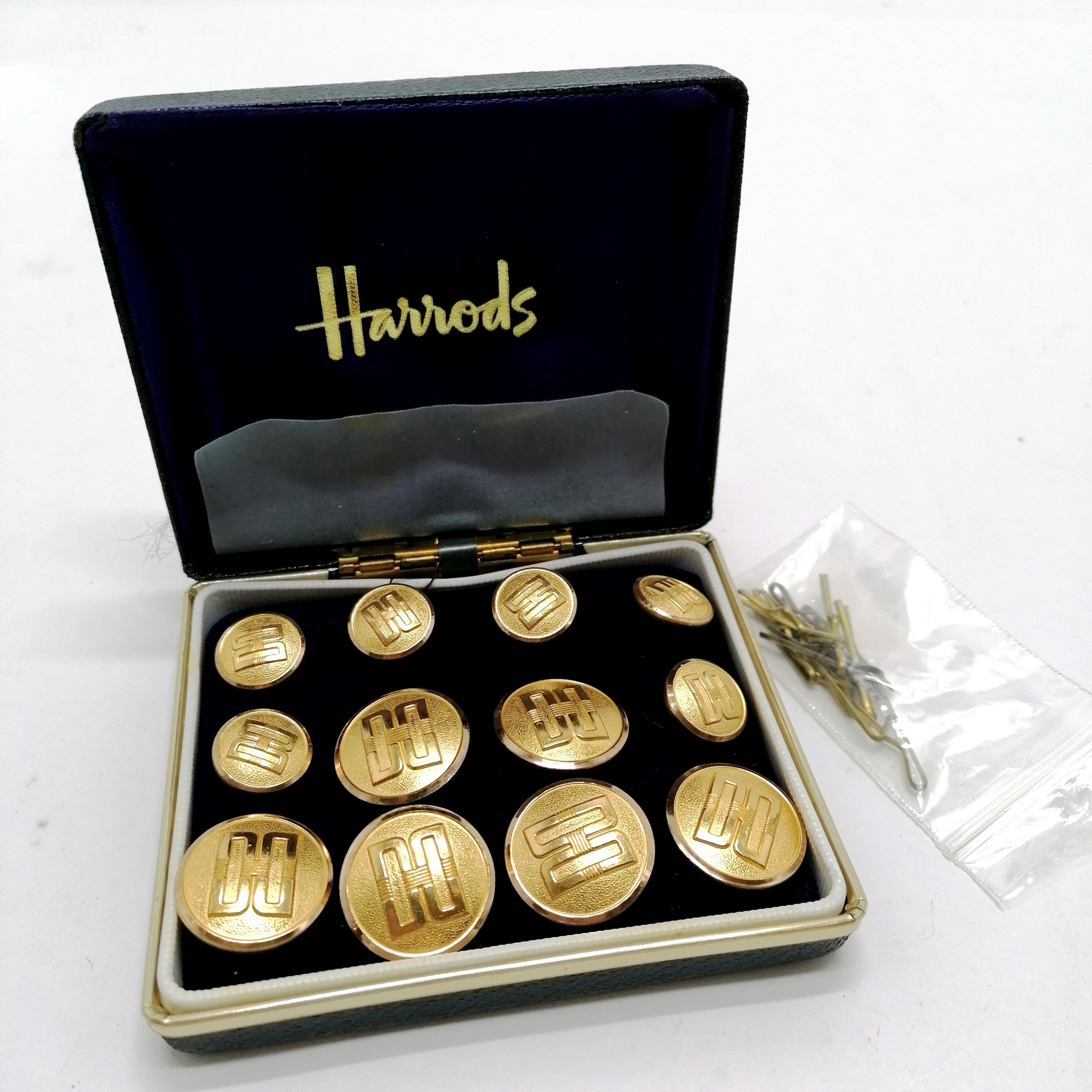 Cased set of gold tone vintage Harrods buttons t/w qty of loose similar ...