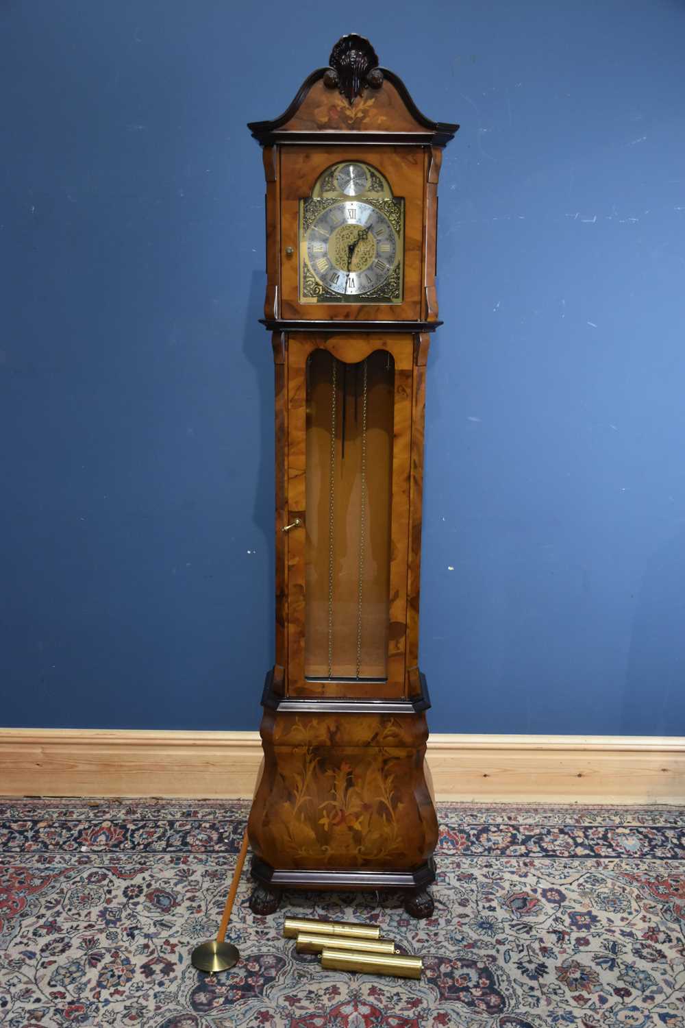 A reproduction inlaid walnut longcase clock with open shell pediment ...