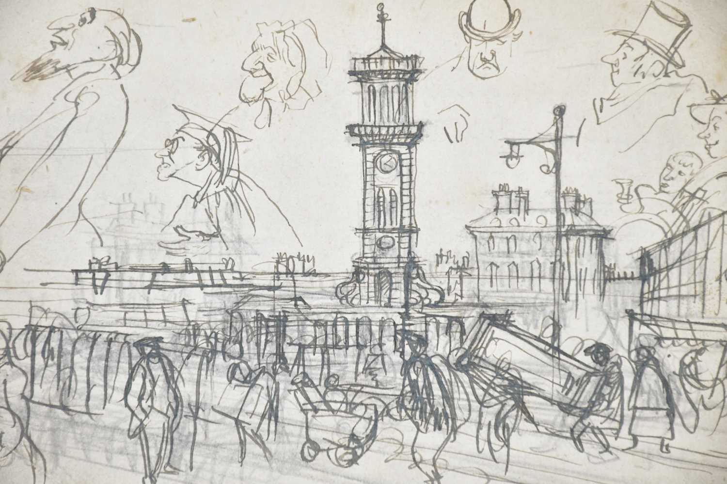 HARRY RUTHERFORD (1903-1985); pencil drawing, figures in a street scene ...