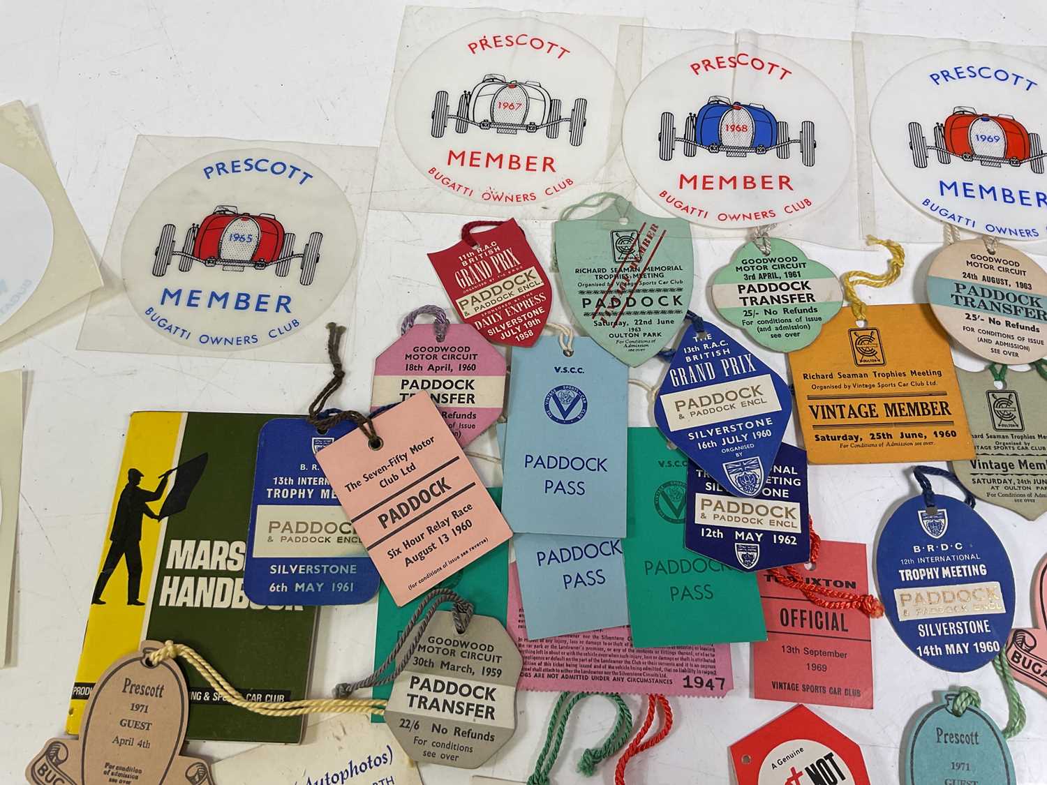 A collection of Bugatti Owners Club badges and ephemera including ...