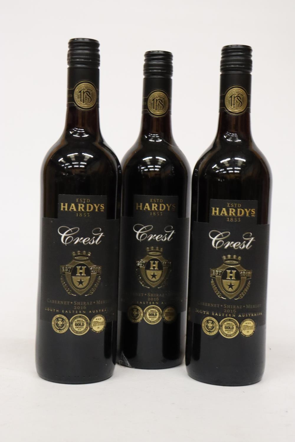 THREE 750ML BOTTLES OF RED WINE HARDYS CREST CABERNET SHIRAZ MERLOT ...