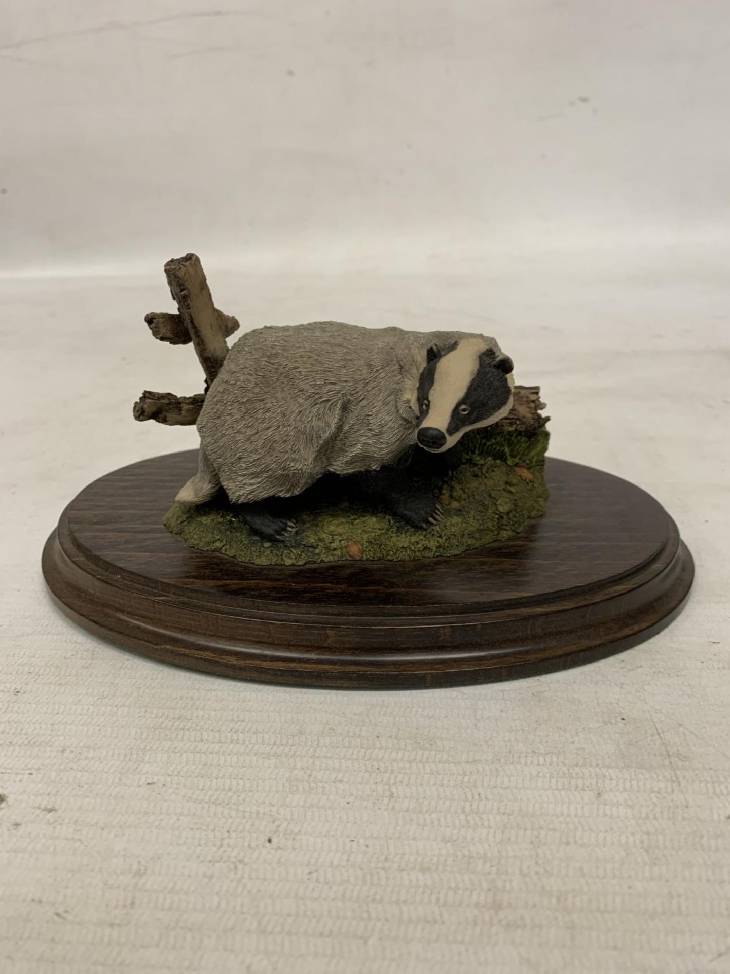 A COUNTRY ARTISTS HAND CRAFTED FIGURE CA 491 "BADGER" ON WOODEN PLINTH