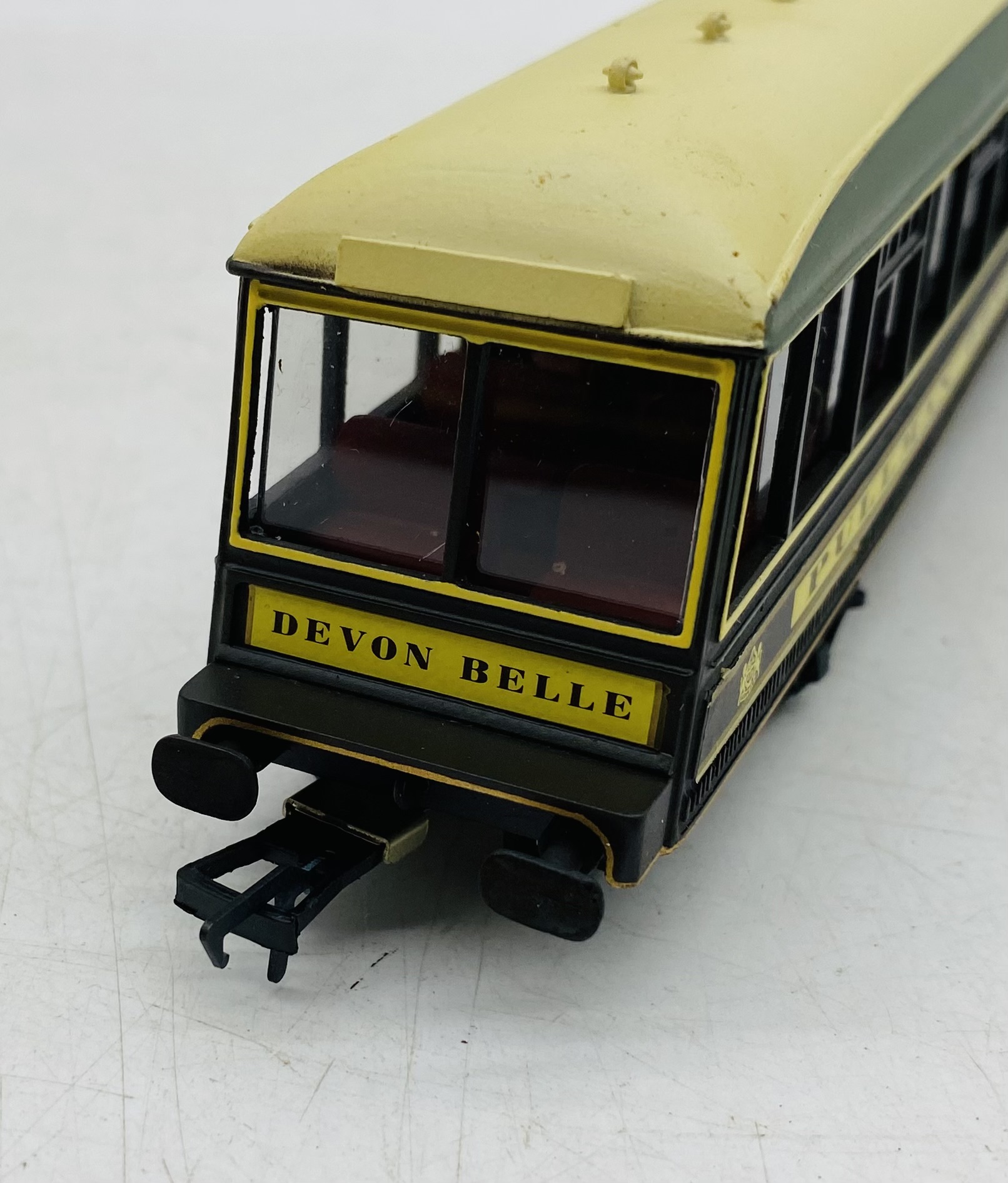 Two boxed OO Works "Devon Belle" Observation Cars, one with red ...