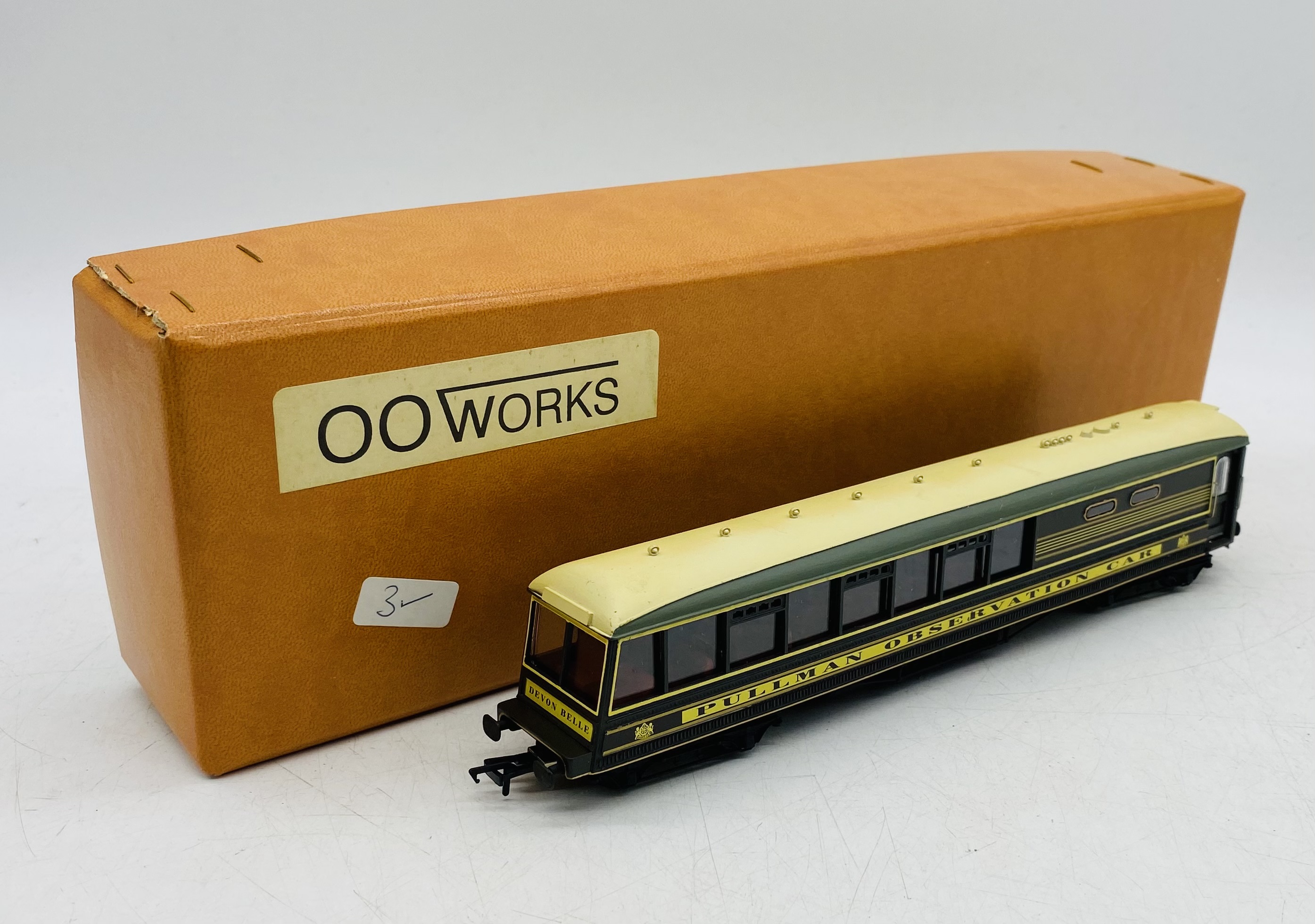 Two boxed OO Works "Devon Belle" Observation Cars, one with red ...